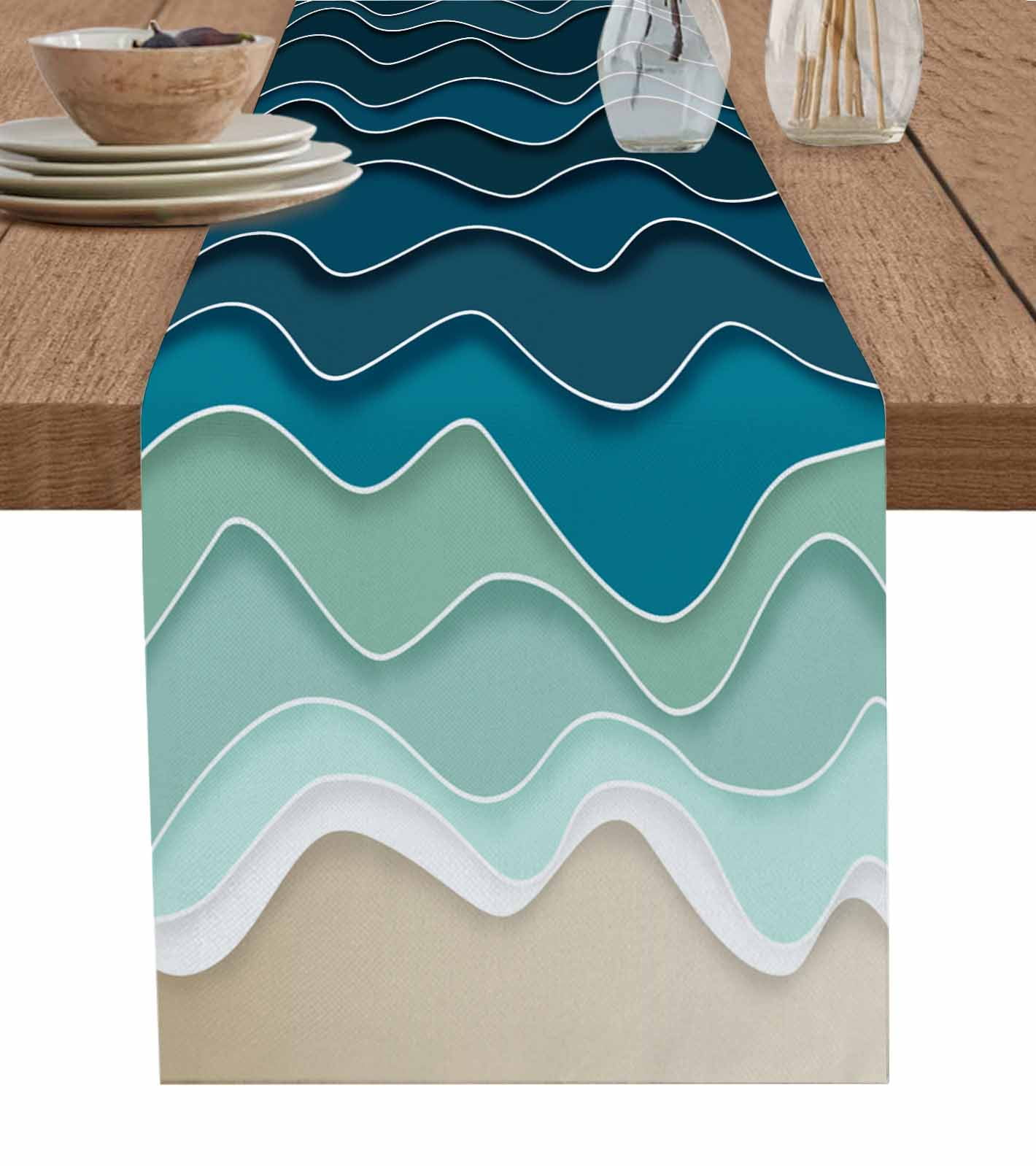 Blue Waves Table Runner 72 Inches, Rustic Abstract Beach Ombre Stripes ...