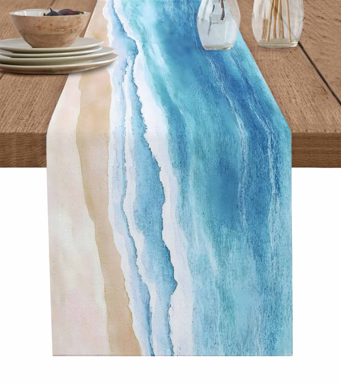 Blue Waves Table Runner 90 Inches, Gradient Beach Abstract Oil Painting Art Bed Runner Dresser ...