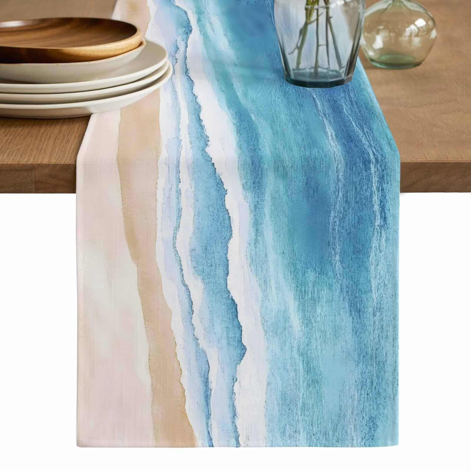 Blue Waves Table Runner, Gradient Beach Abstract Oil Painting Art ...