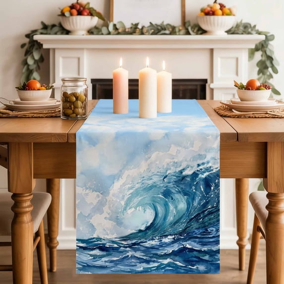 Blue Waves Table Runner, Ocean Nautical Coastal Oil Painting Summer ...