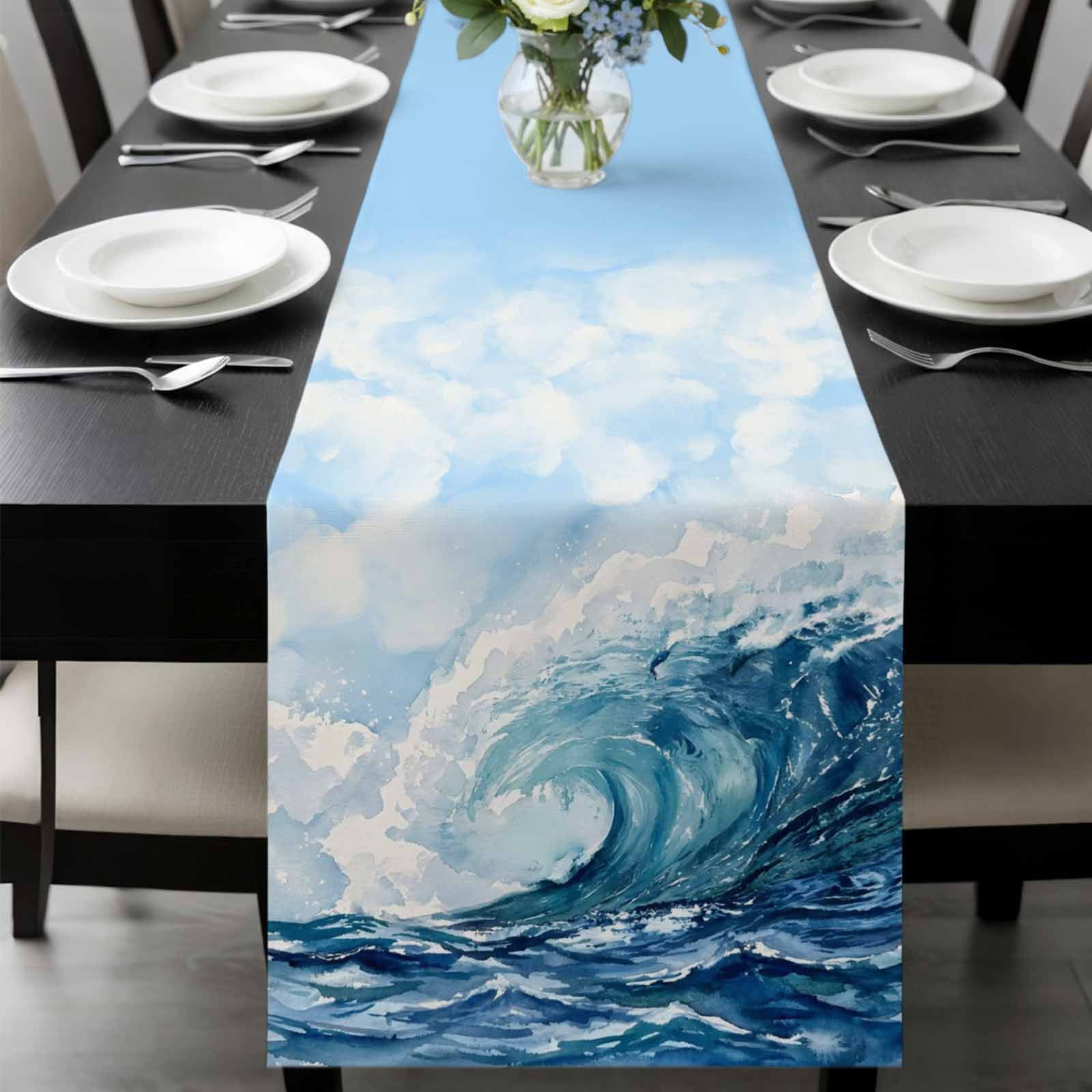 Blue Waves Table Runner, Ocean Nautical Coastal Oil Painting Summer ...