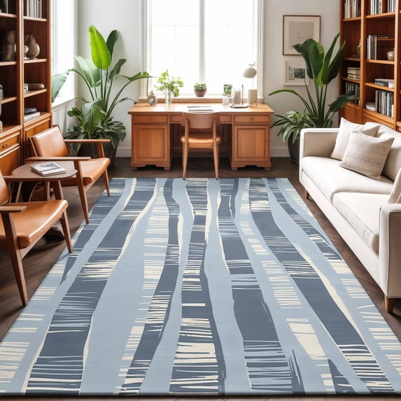 Blue Waves Washable Area Rug 2.7 x 5 ft Coastal Abstract Indigo Curvy ...