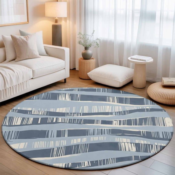 Blue Waves Washable Round Area Rug 3 ft, Coastal Abstract Indigo Curvy ...