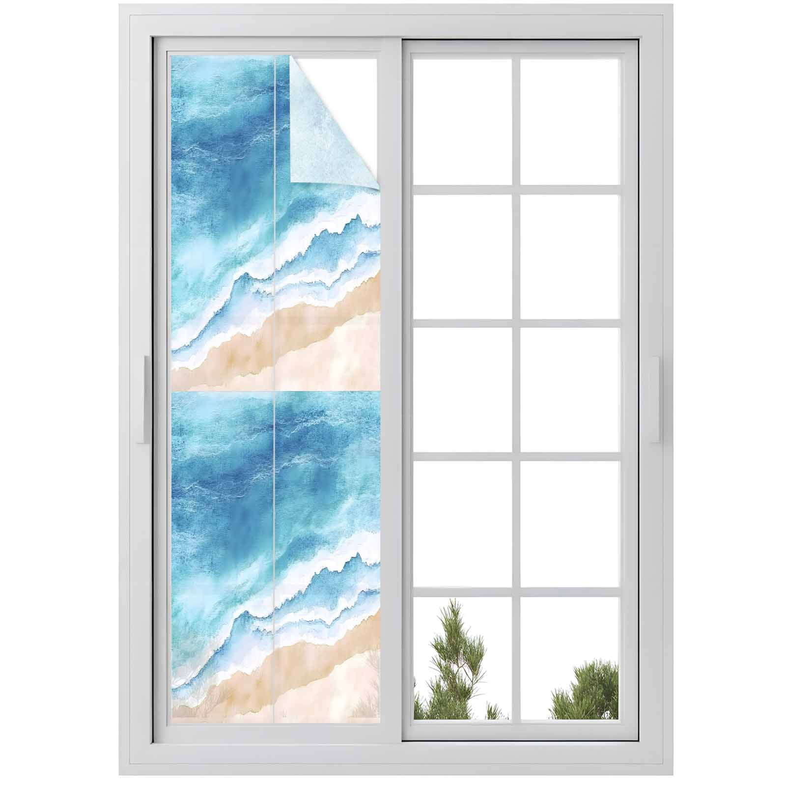 Blue Waves Window Privacy Film, Gradient Beach Abstract Oil Painting ...