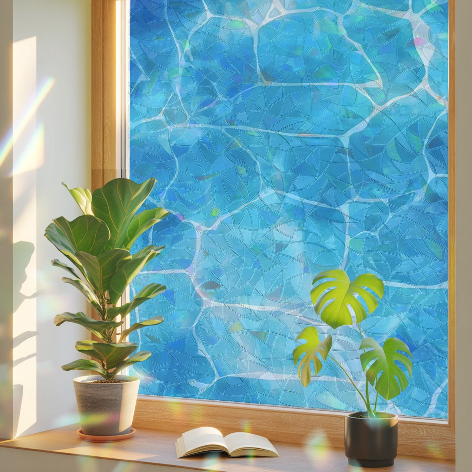 Blue Waves Window Privacy Film Rainbow Static Cling Stain Glass Window ...