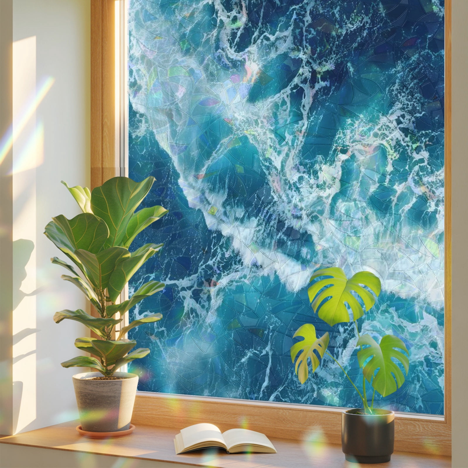 Blue Waves Window Privacy Film Rainbow Static Cling Stain Glass Window ...
