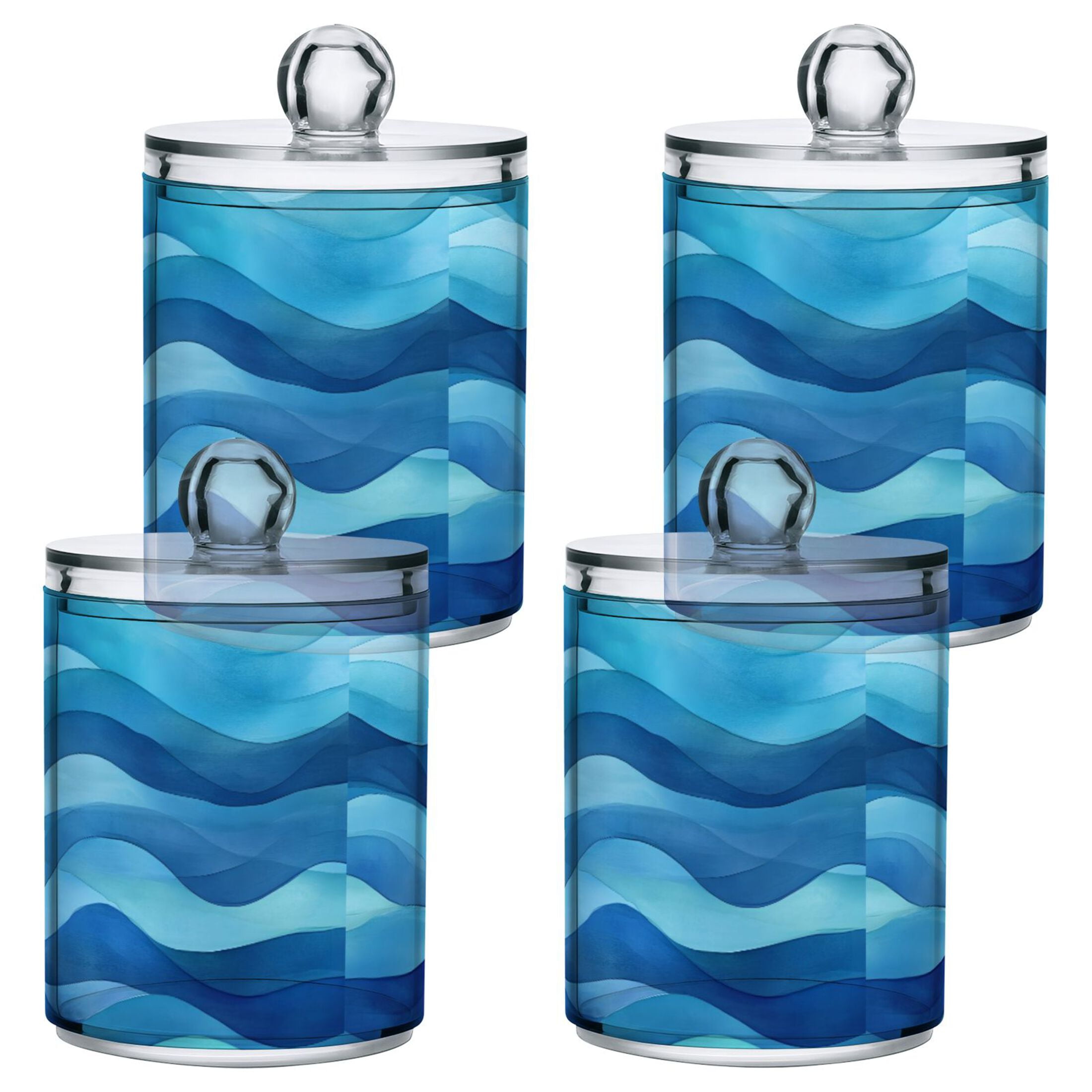 Blue Wavy Art Pattern Bathroom Canisters Set of 4 Translucent Plastic ...