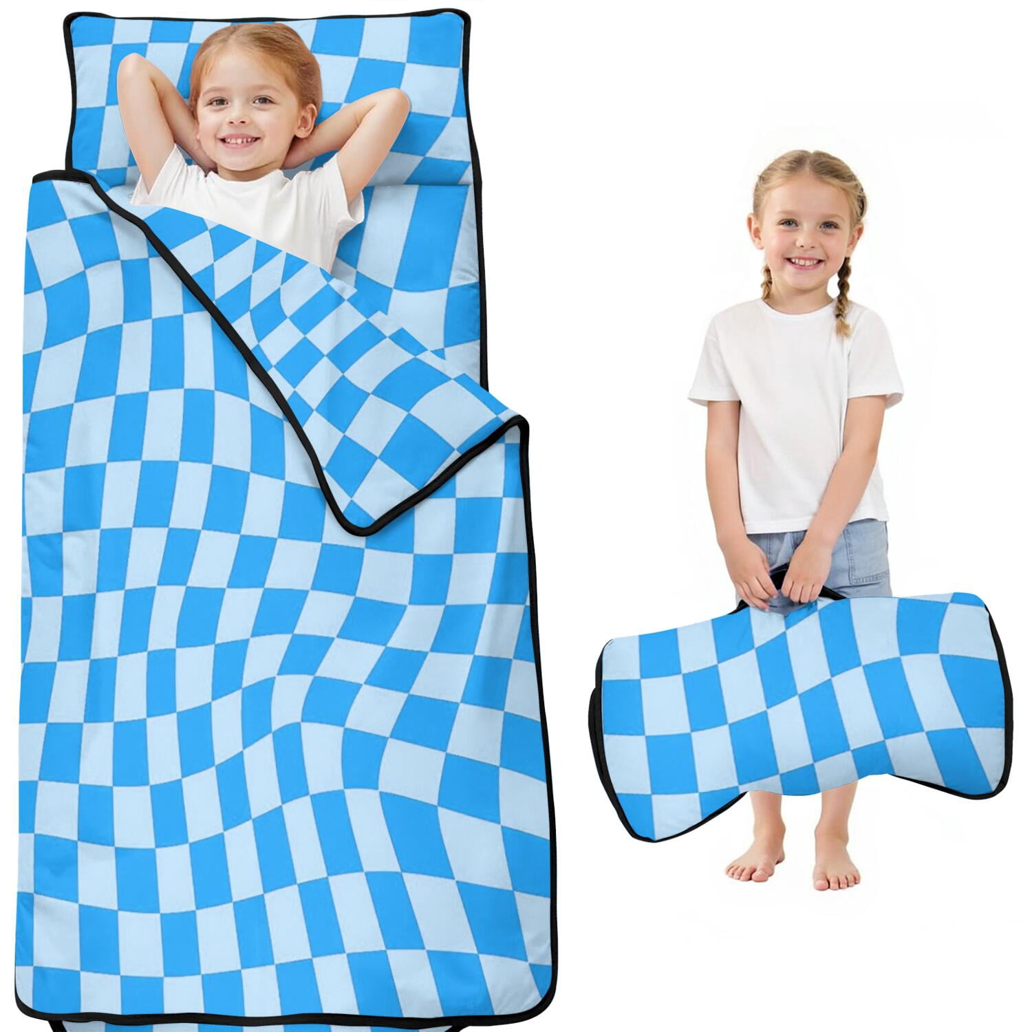 Blue Wavy Checkered Pattern Kids Nap Mat, Daycare Sleep Mat with Handle ...