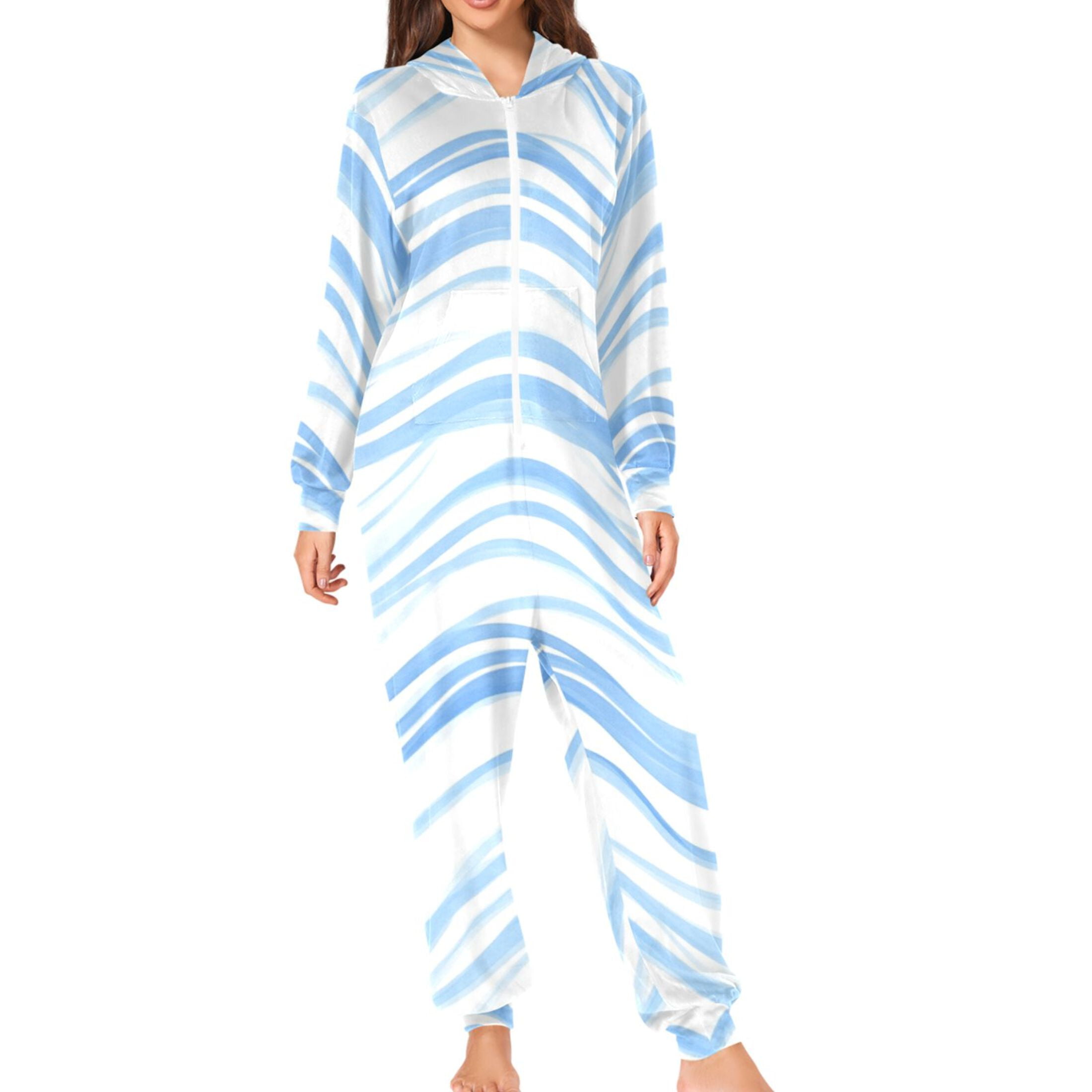 Blue Wavy Line Pastel Colored Adult's Hoodie Onesie Jumpsuit One-Piece ...