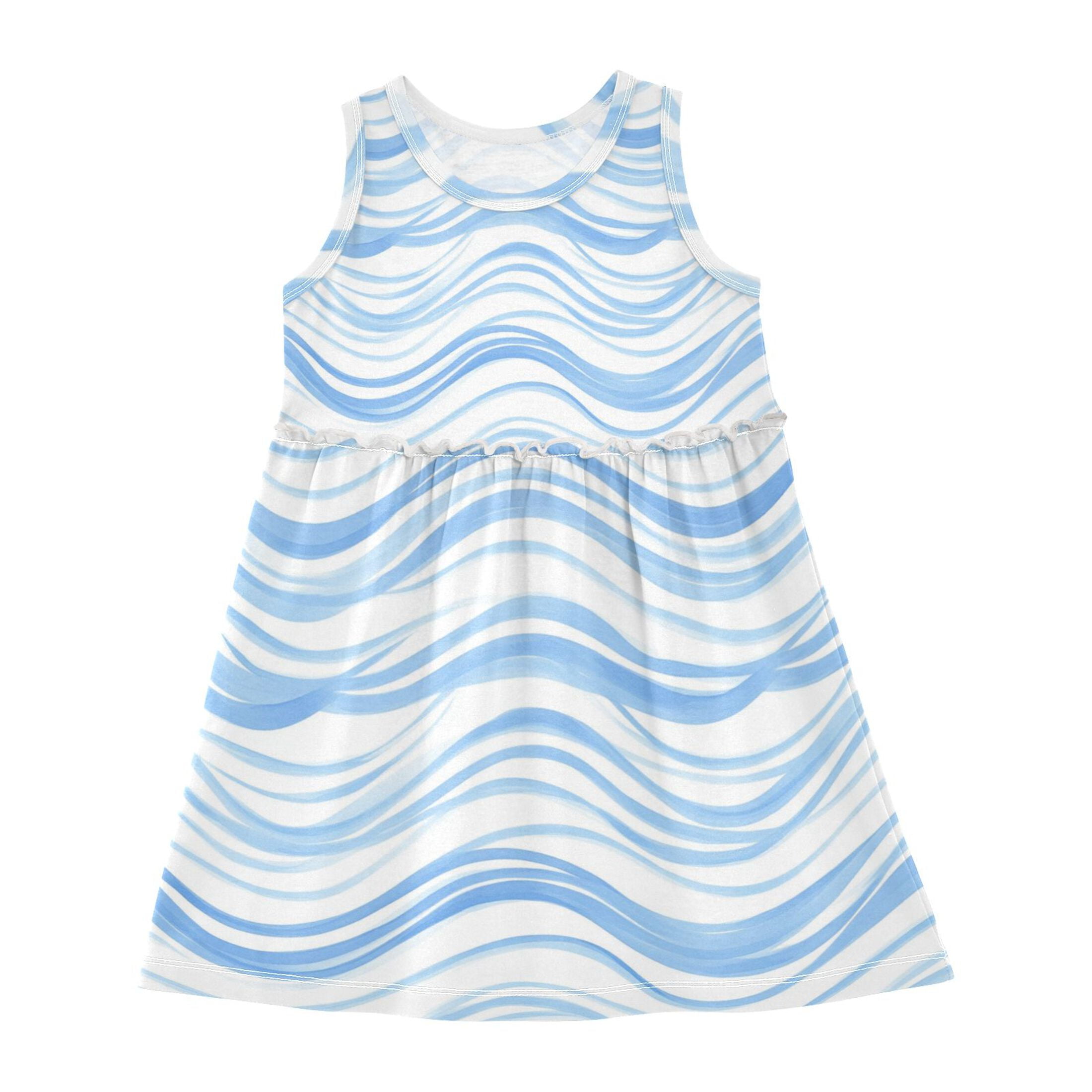Blue Wavy Line Pastel Colored Girls' Sleeveless Dress A-Line One-Piece ...