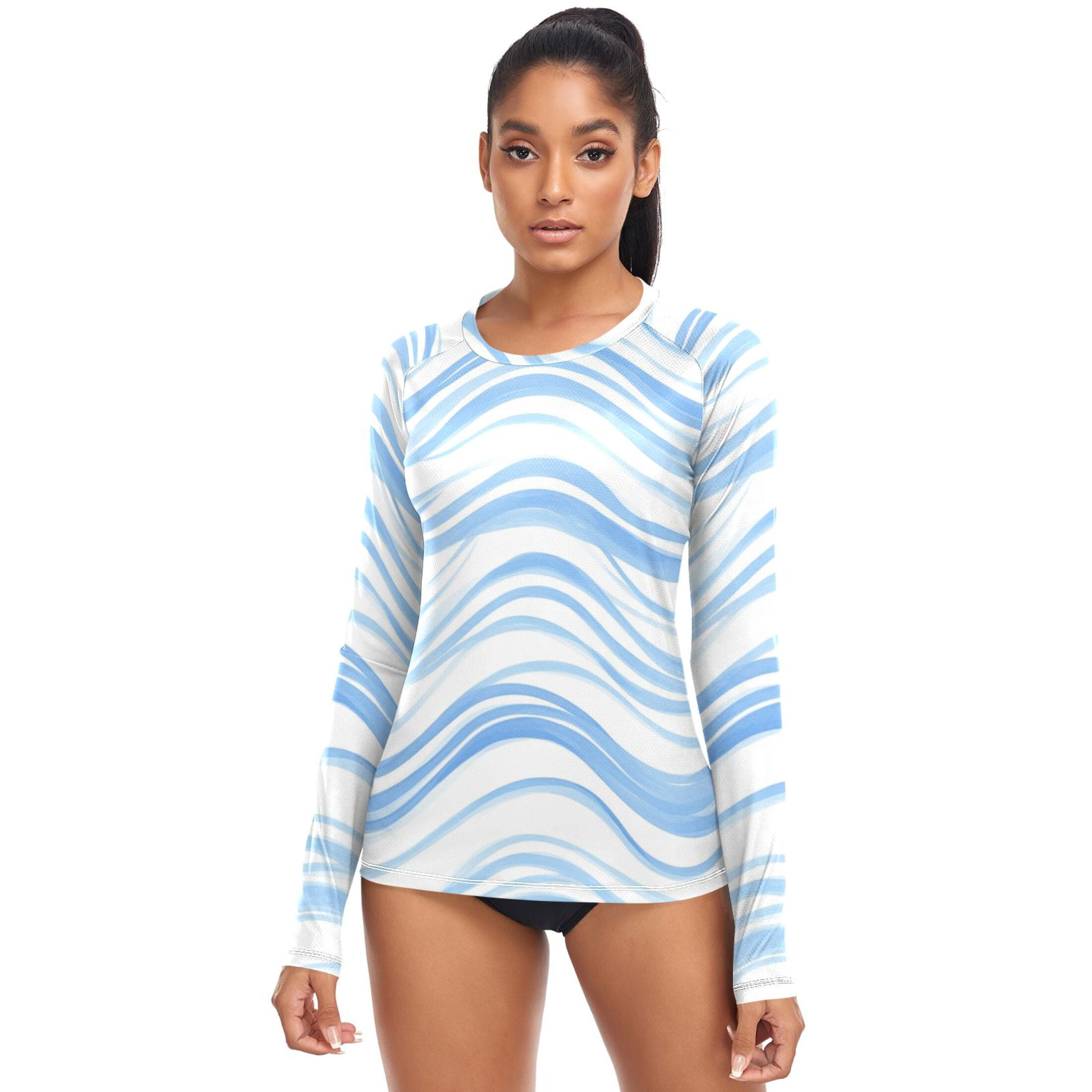Blue Wavy Line Pastel Colored Women's Rash Guard Shirts UPF 50+ Sun ...