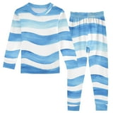 Blue Wavy Line Watercolor Cotton Pajama Set Long Sleeve Top and Pants ...