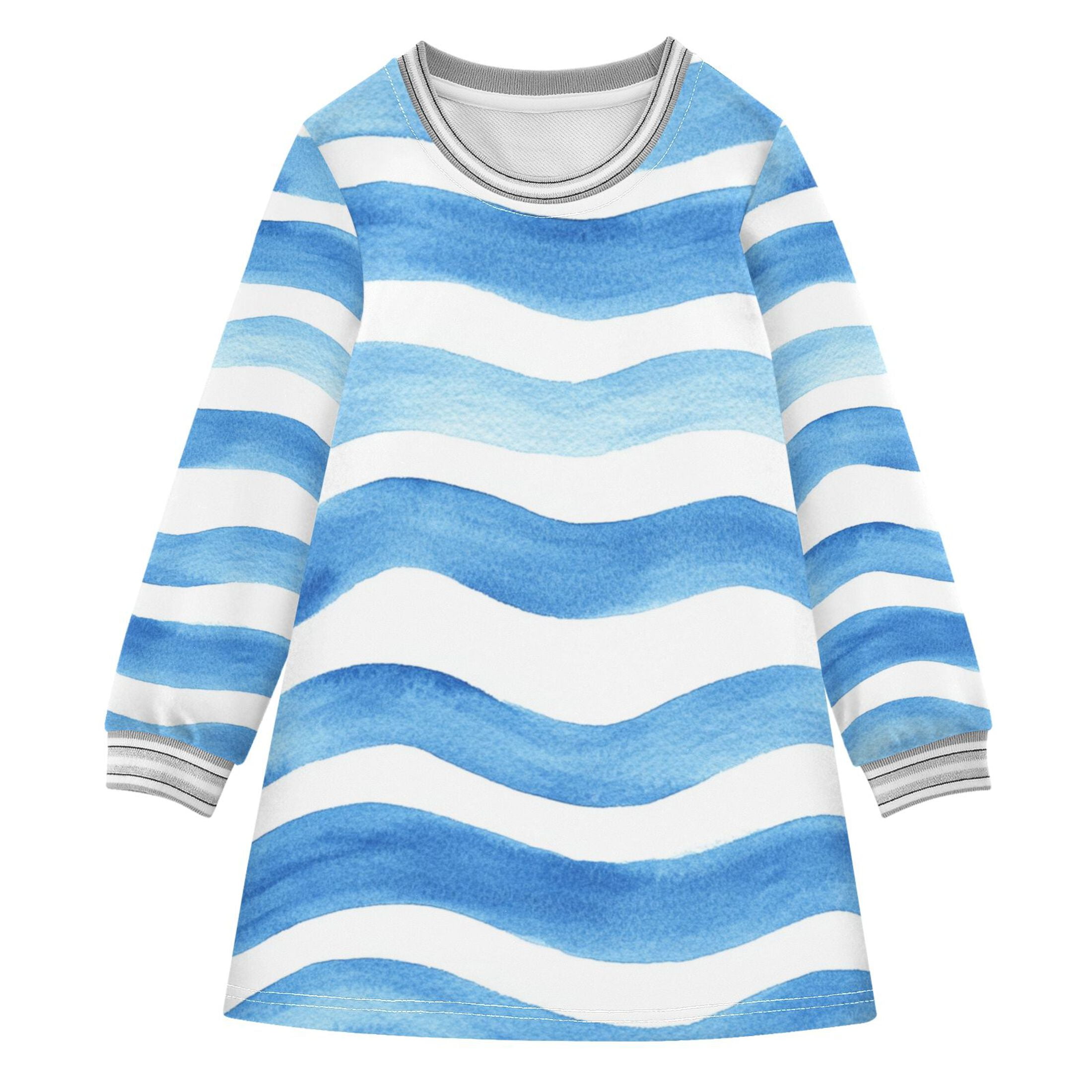 Blue Wavy Line Watercolor Long-sleeved Dress A-line One-Piece Dress for ...