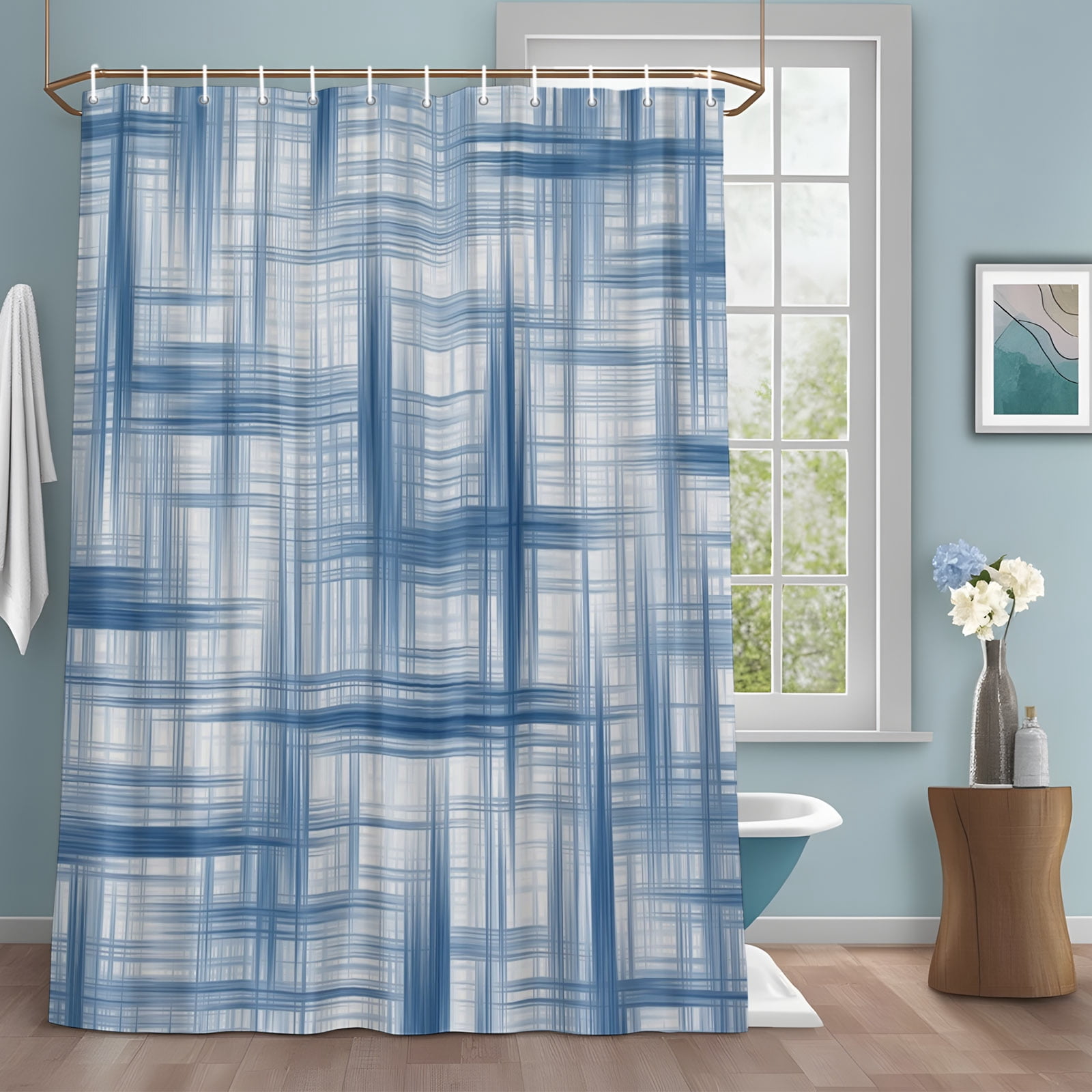 Blue Weave Mesh Shower Curtain Set with Hooks, Modern Minimalist ...