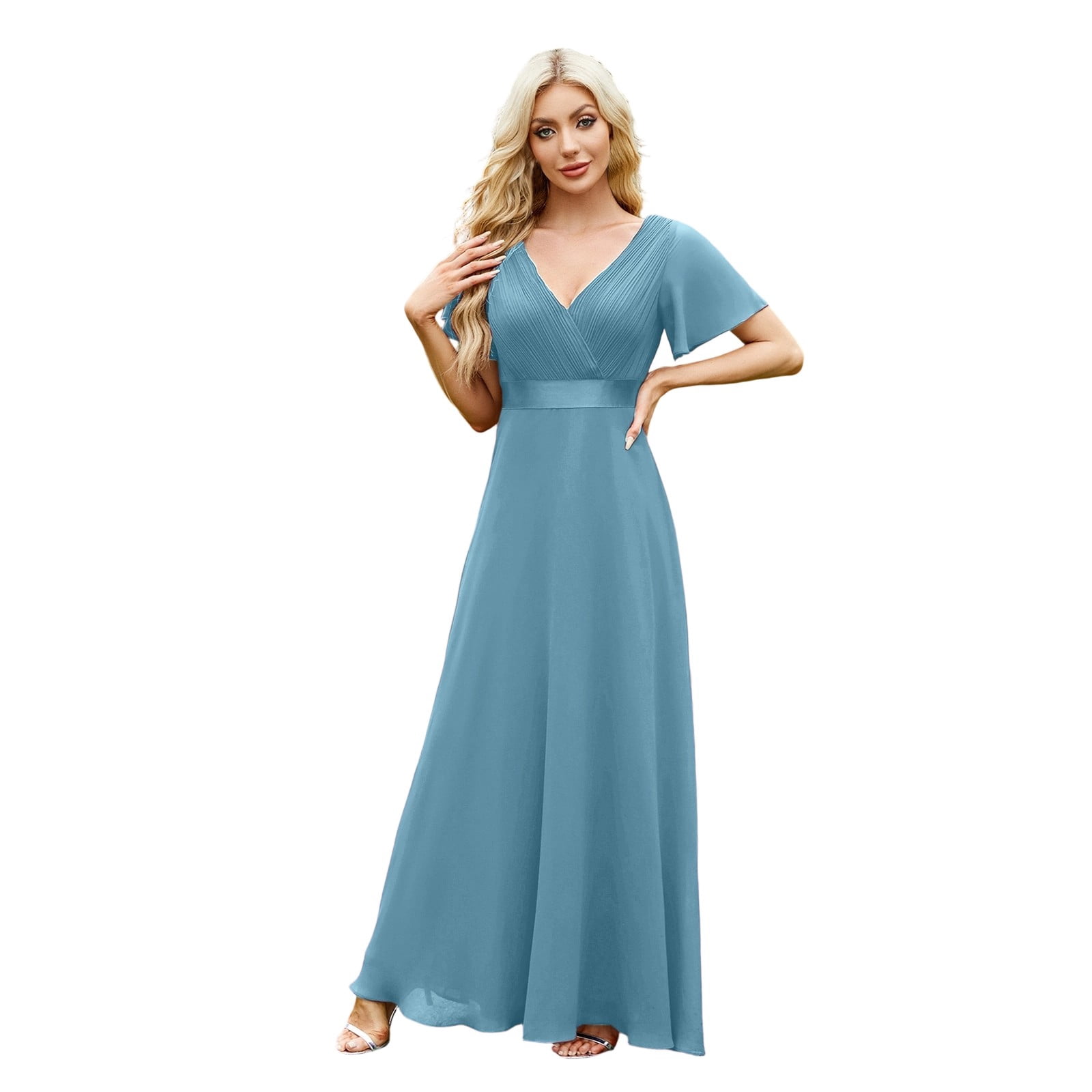 Blue Wedding Guest Dress Elegant Women's Formal Dress V Neck Flowy ...