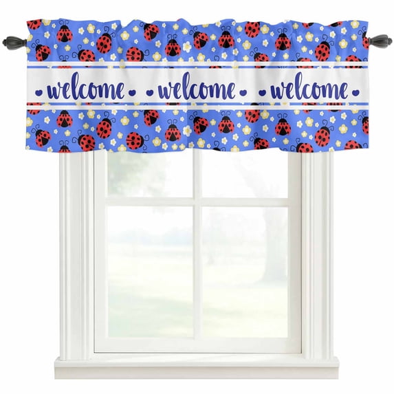 Blue Welcome Window Valance Curtain Country Red Ladybugs Yellow Flowers ...