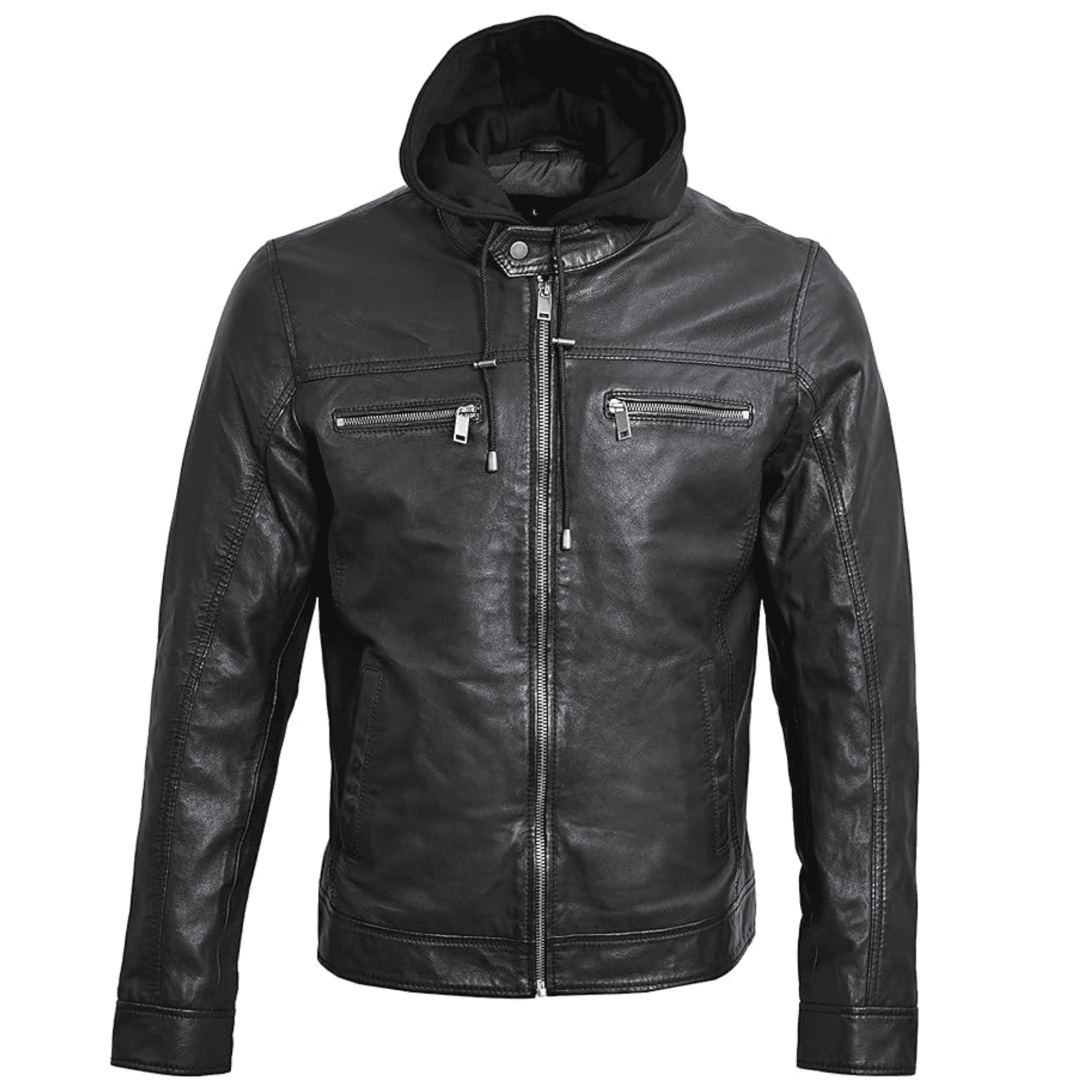 BLUE WELLFORD Live Us Men's Leather Hooded Jacket Black Biker Jacket ...