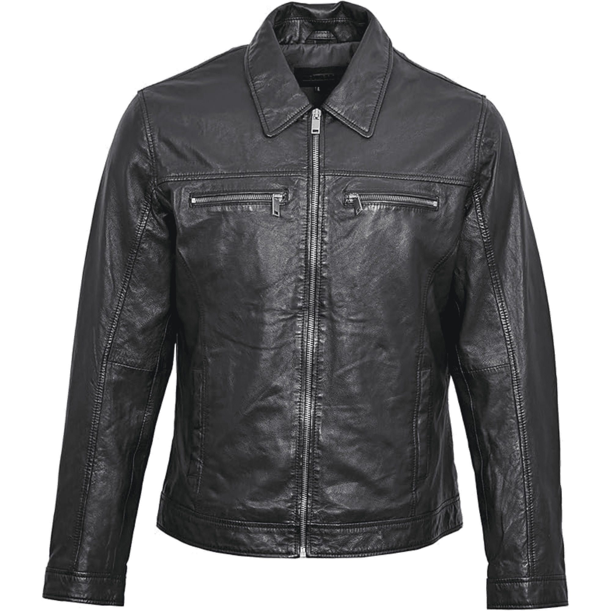 BLUE WELLFORD Men's Soft Black Leather Jacket with Stand Collar, Zipper ...
