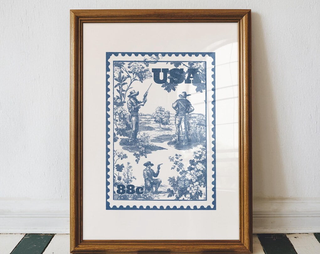 Blue Western Cowboy Print, Americana Wall Art, Toile Chinoiserie Art ...