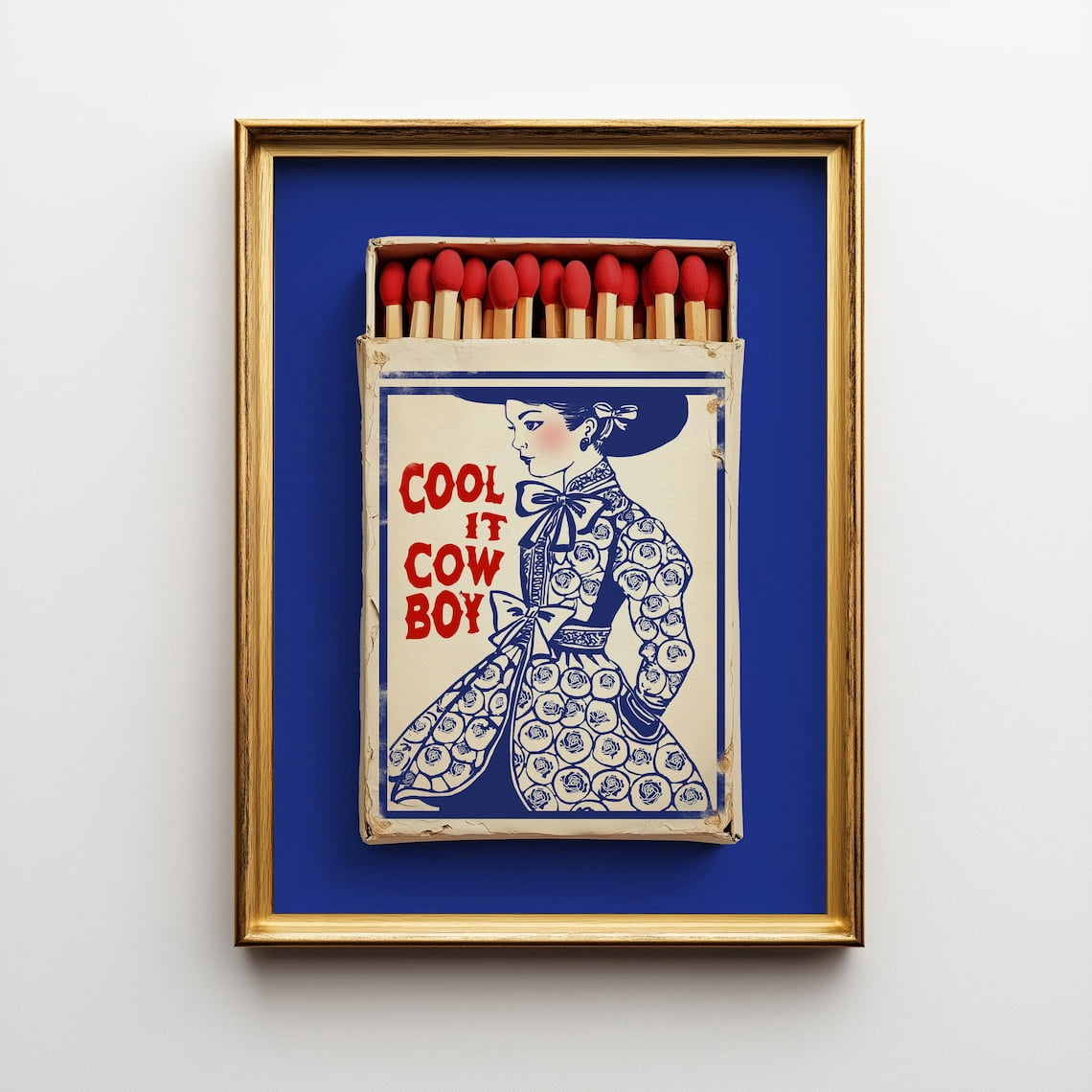 Blue Western Cowgirl Print, Cool It Cowboy Matchbox Retro Poster ...