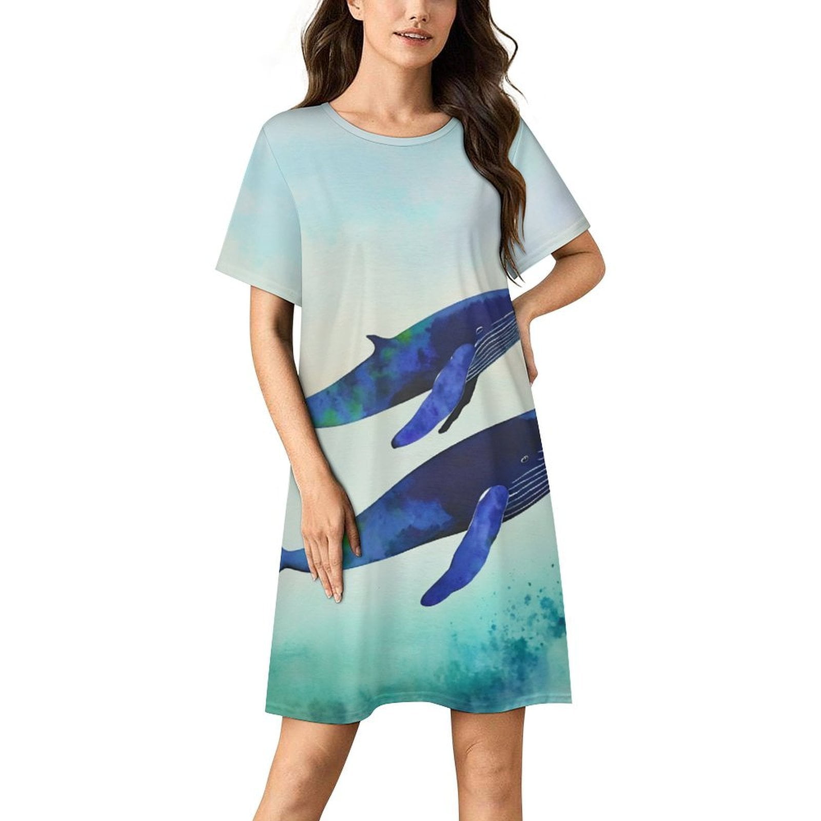 Blue Whale Art Print Women Nightgown Sleepwear Short Sleeves For ...