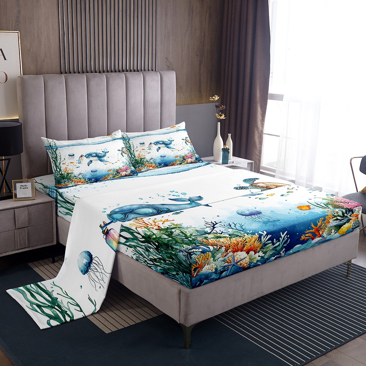 Blue Whale Bed Sheets Set Sea Turtle Jellyfish Coastal Twin Sheet Set ...