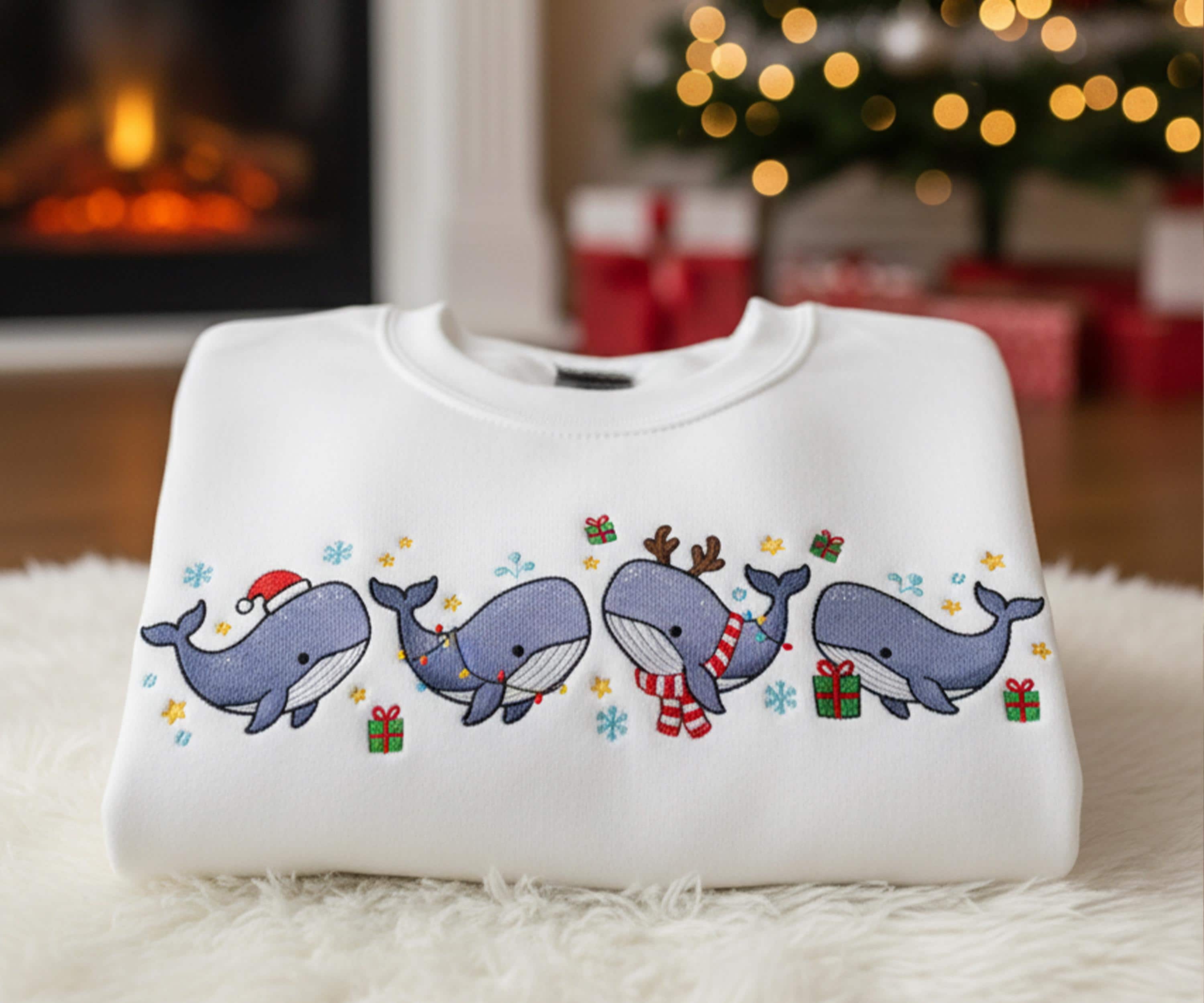 Blue Whale Christmas Embroidered Sweatshirt, Cute Sea Animal Xmas ...