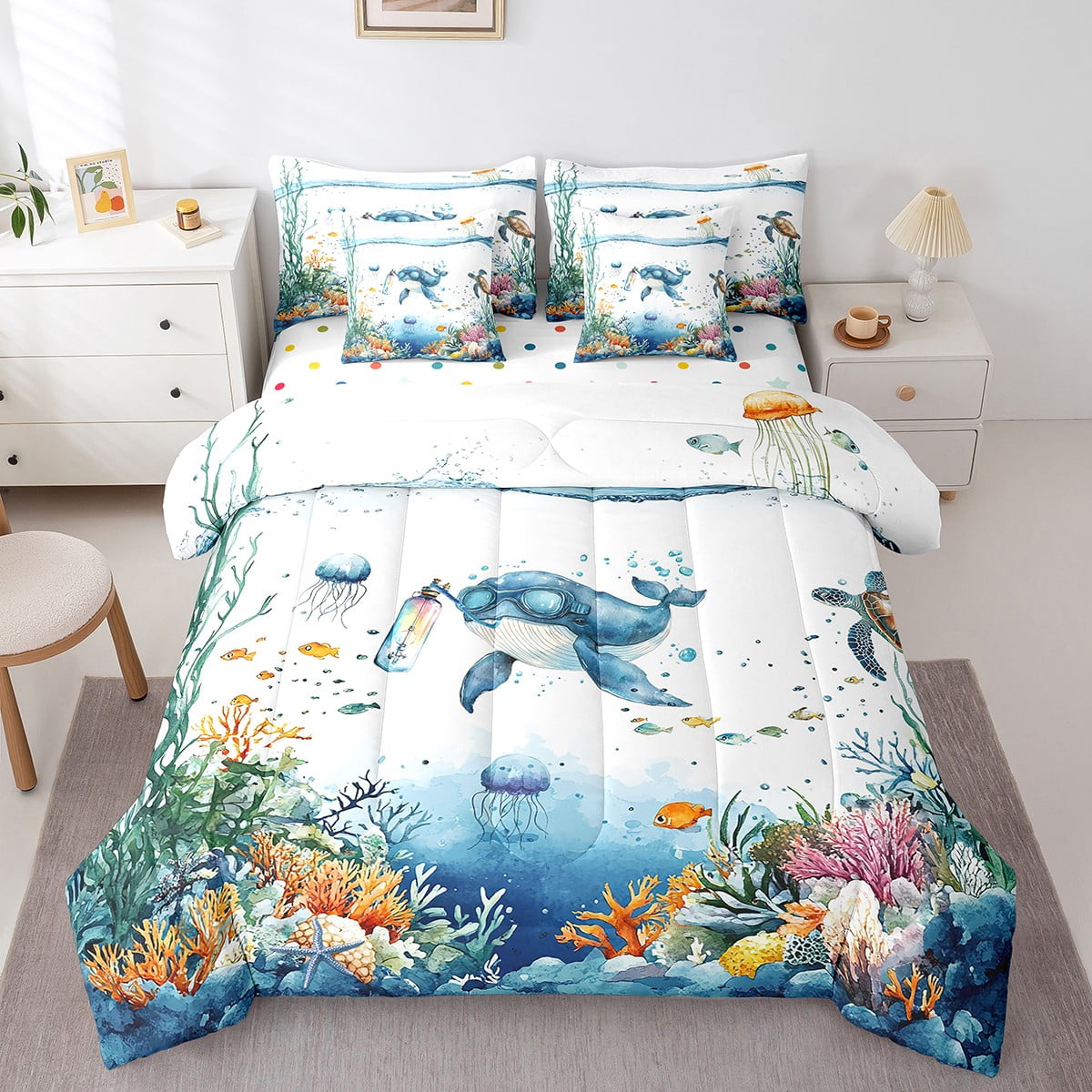 Blue Whale Comforter Set 7 Piece Bed in a Bag Twin,Sea Turtle Jellyfish ...