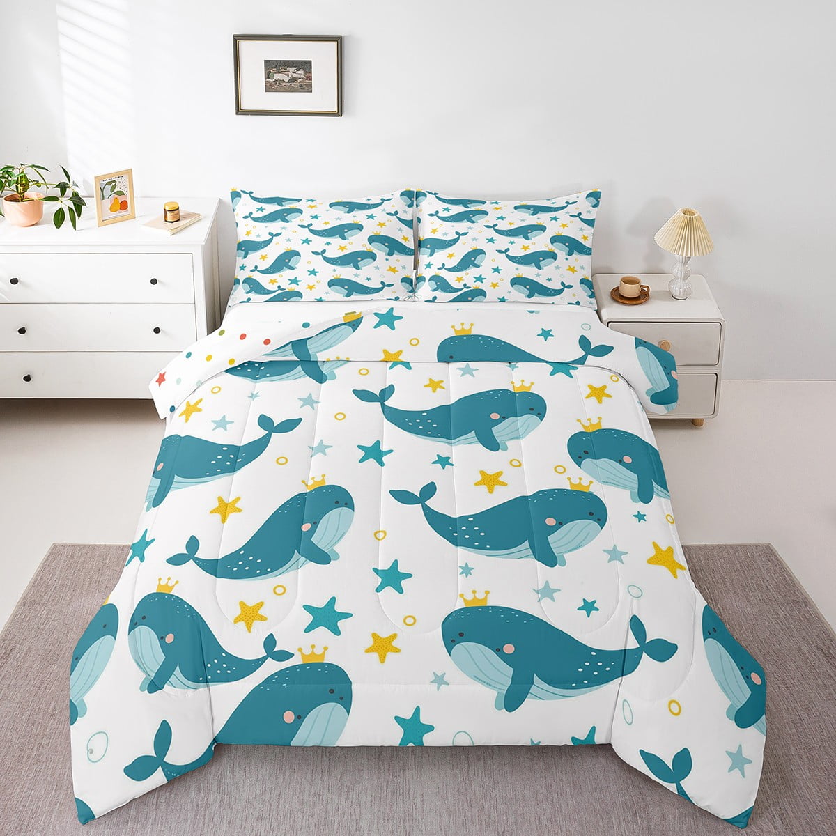 Blue Whale Comforter Set King Cute Sea Animal Bedding Sets Ocean Themed ...