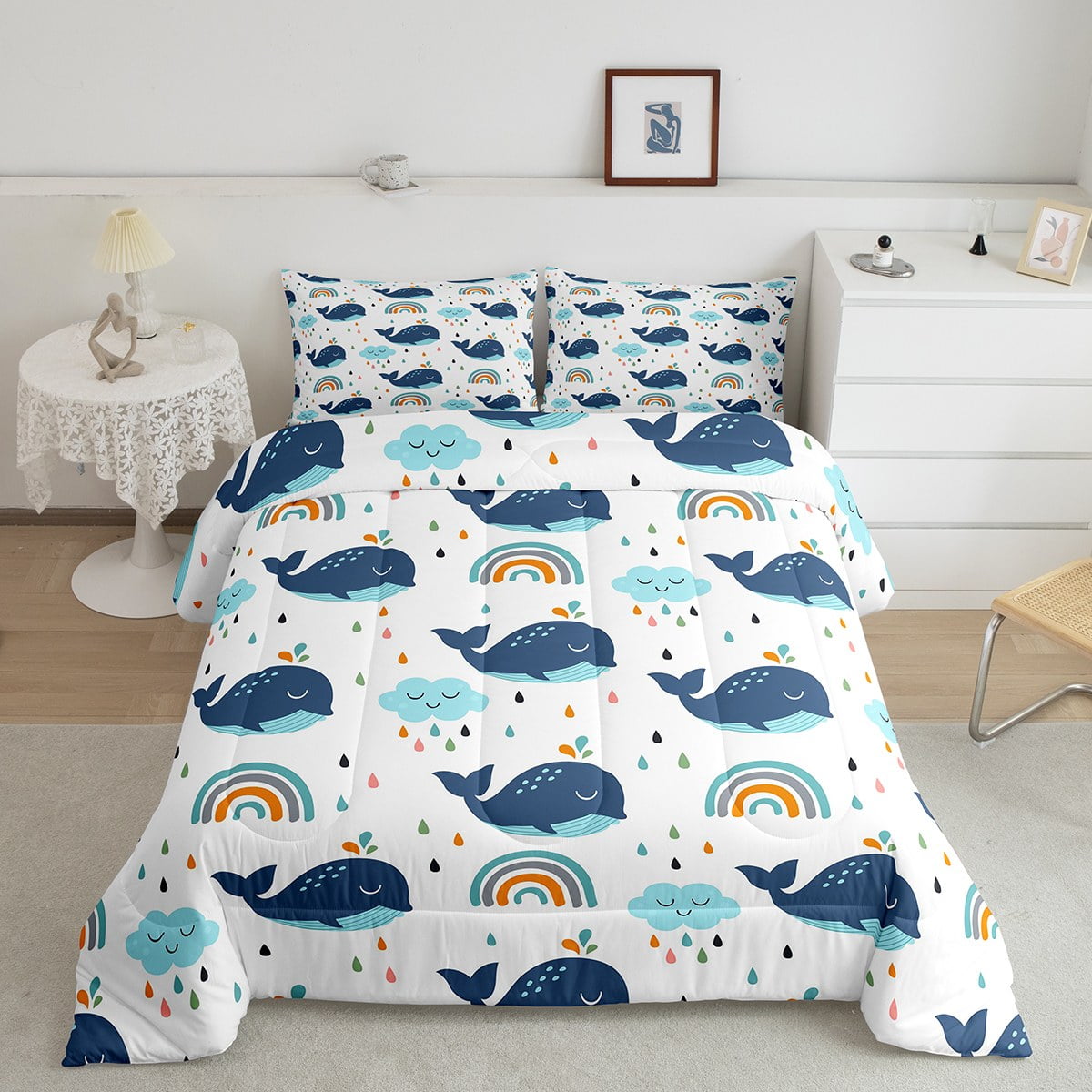 Blue Whale Comforter Set Cute Clouds Rainbow Full Bedding Sets ,Cartoon ...