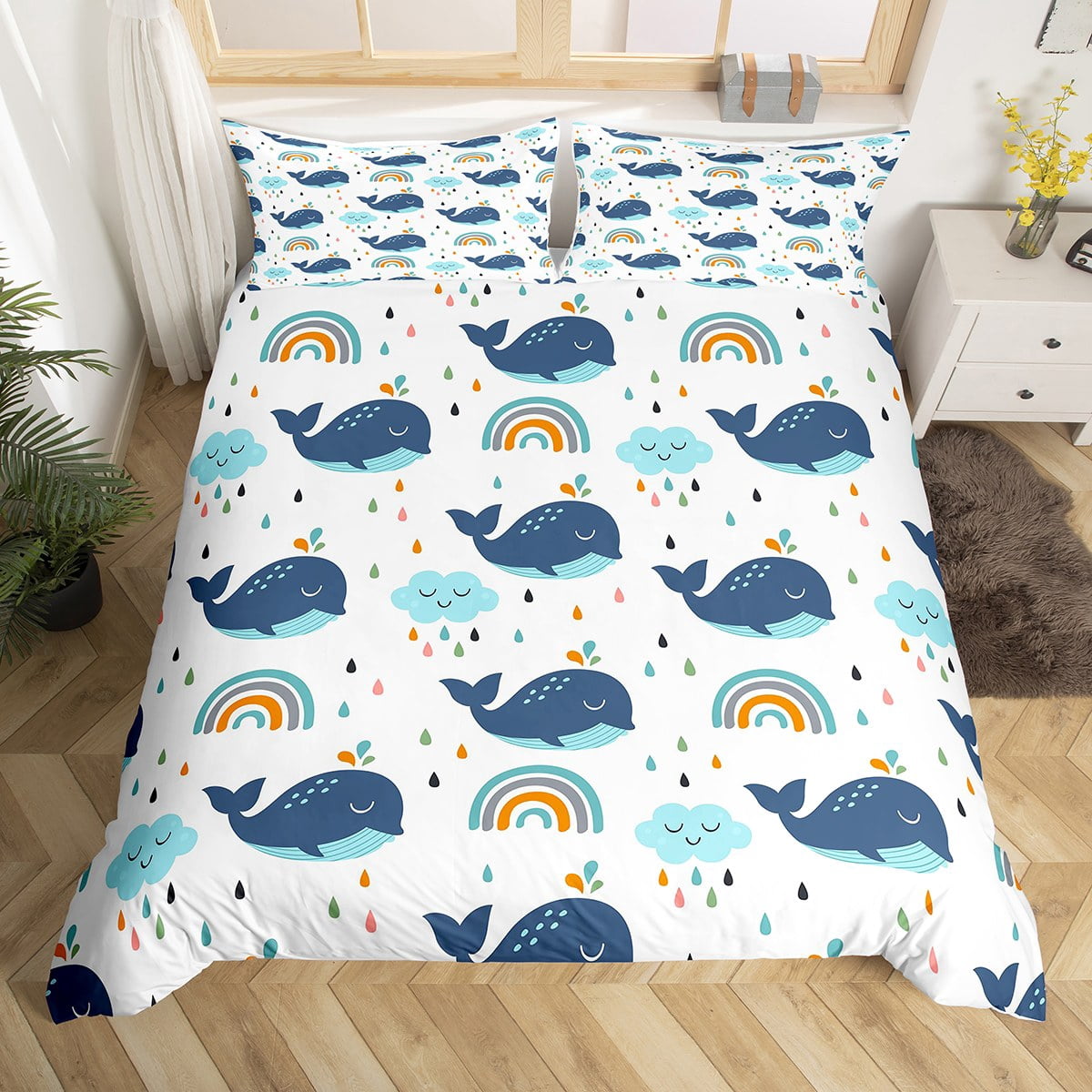 Blue Whale Duvet Cover Cute Clouds Rainbow Full Bedding Sets,Cartoon ...