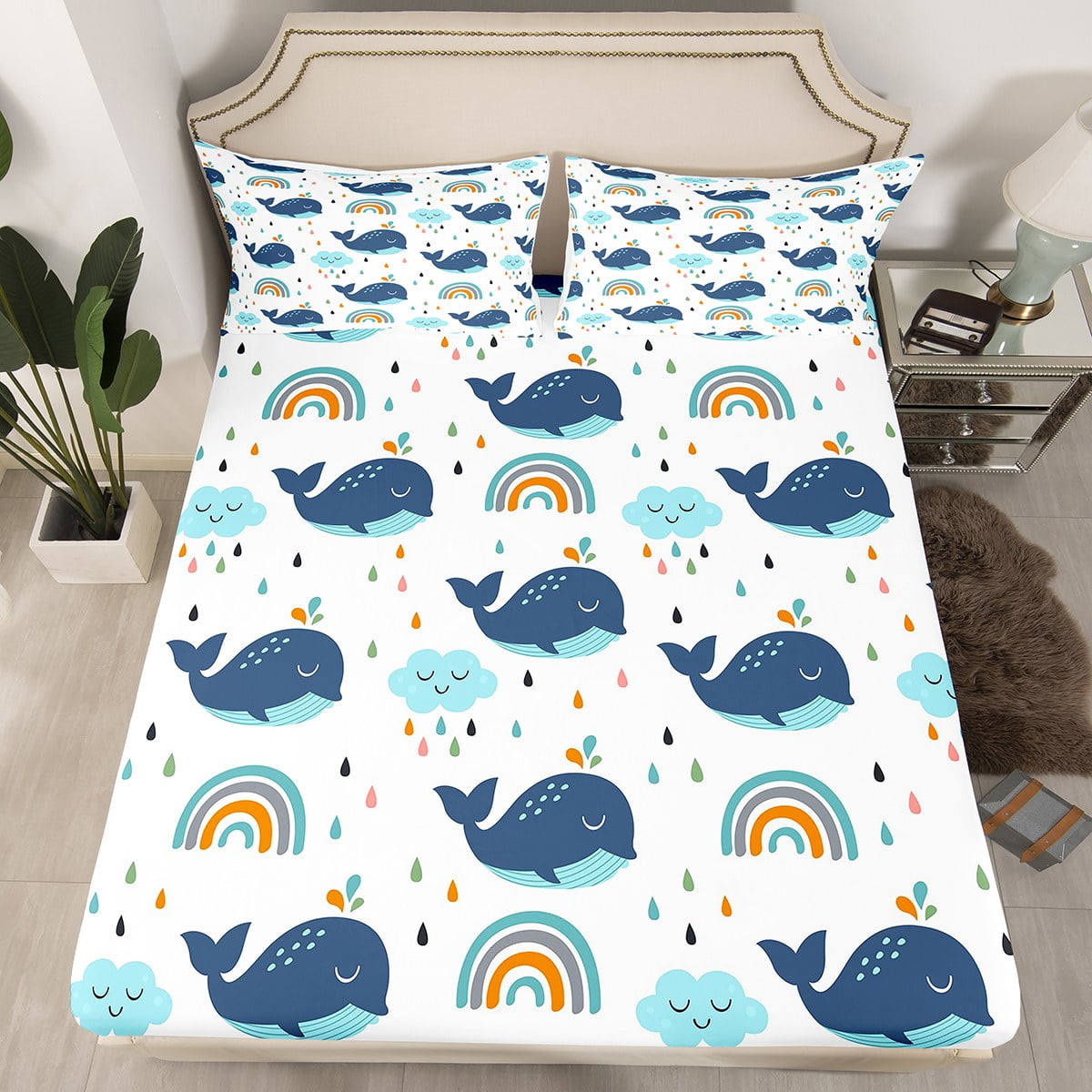 Blue Whale Fitted Sheet Cute Clouds Rainbow Full Bed Sheets ,Cartoon ...