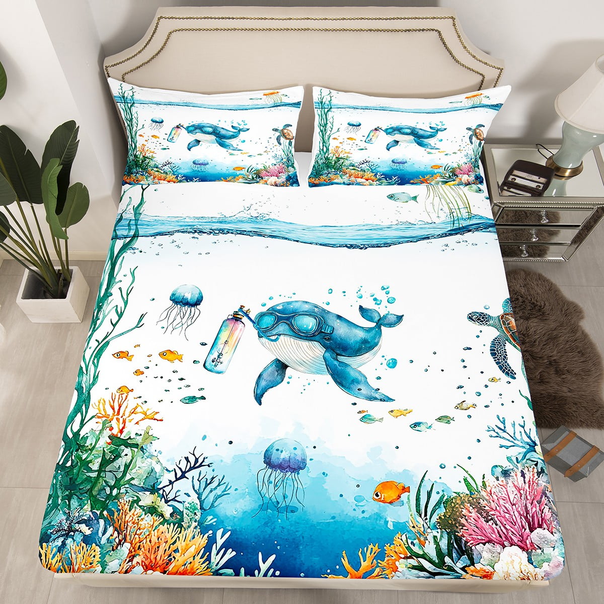 Blue Whale Fitted Sheet Sea Turtle Jellyfish Coastal Twin Bed Sheets ...
