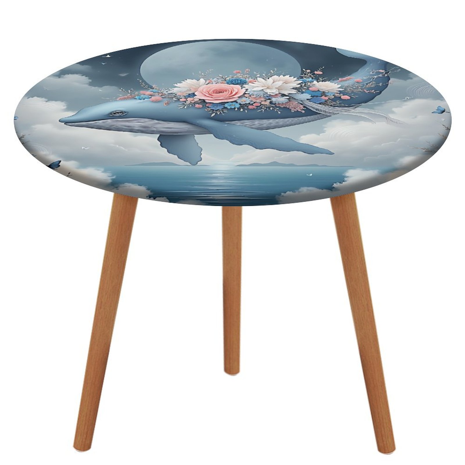 Blue Whale Flowers Clouds Pattern Round Tablecloth Waterproof Elastic ...