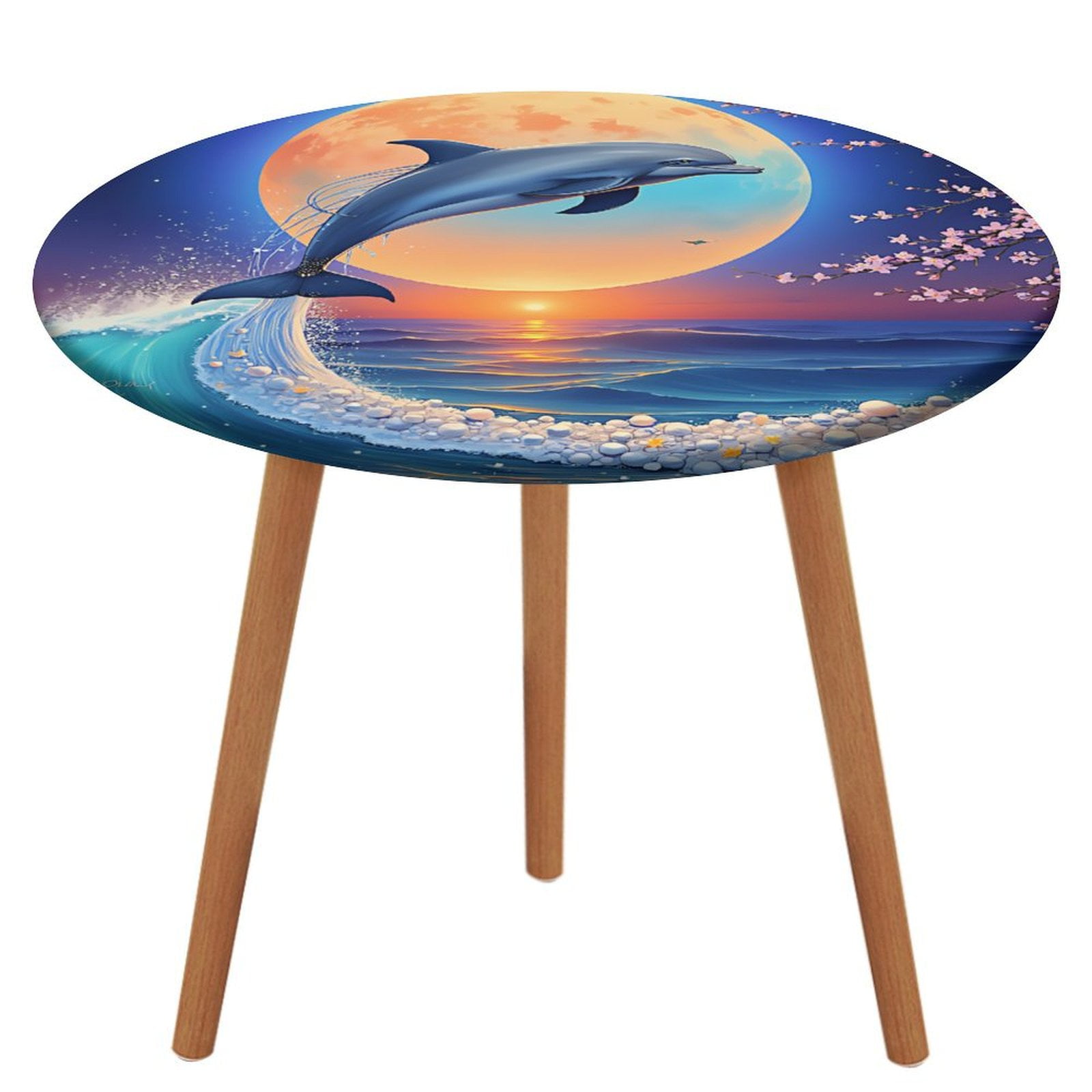 Blue Whale Flowers Clouds Pattern Round Tablecloth Waterproof Elastic ...