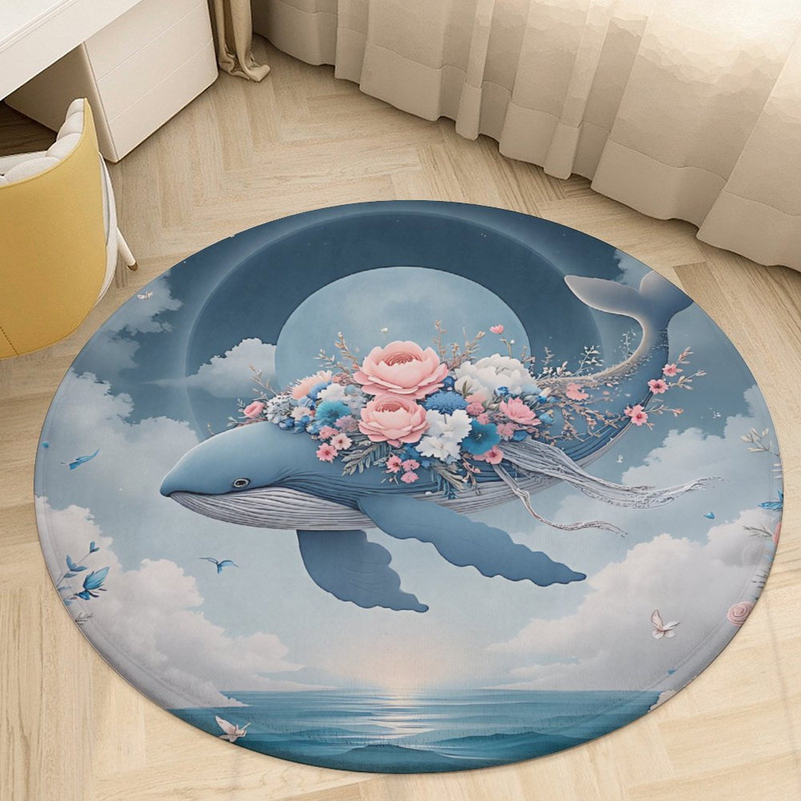 Blue Whale Flowers Clouds Round Area Rugs for Bedroom Living Room, 5FT ...