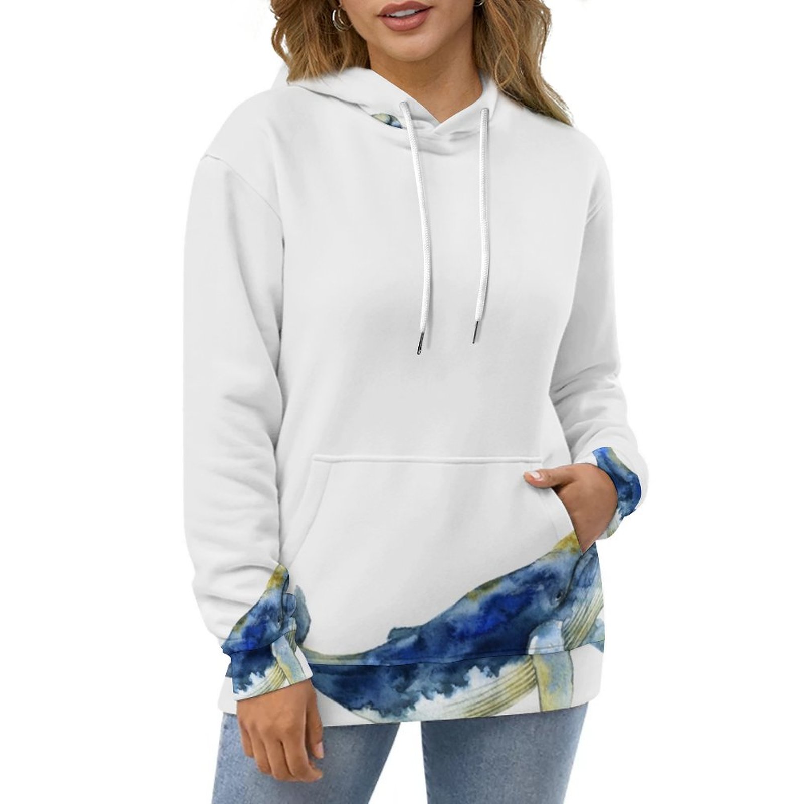 Blue Whale Hoodie Sweatshirt Women Drawstring Printed Pocket Hooded ...