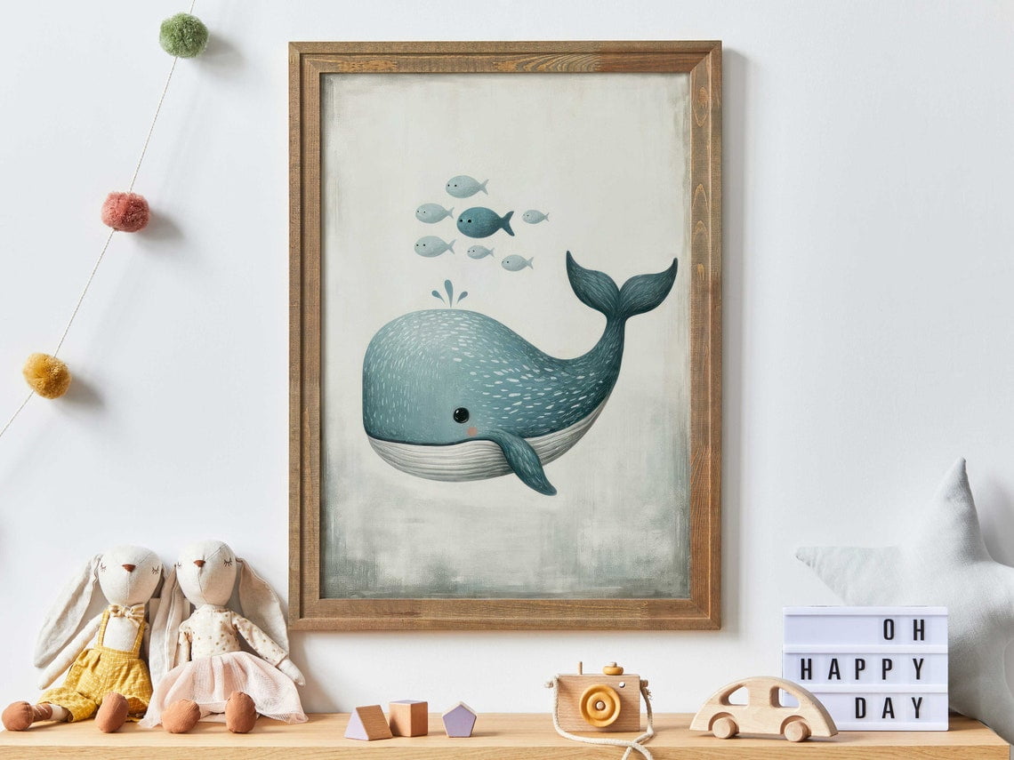 Blue Whale Nursery Print, Whale Nursery Art, Sea Animal Nursery Print ...