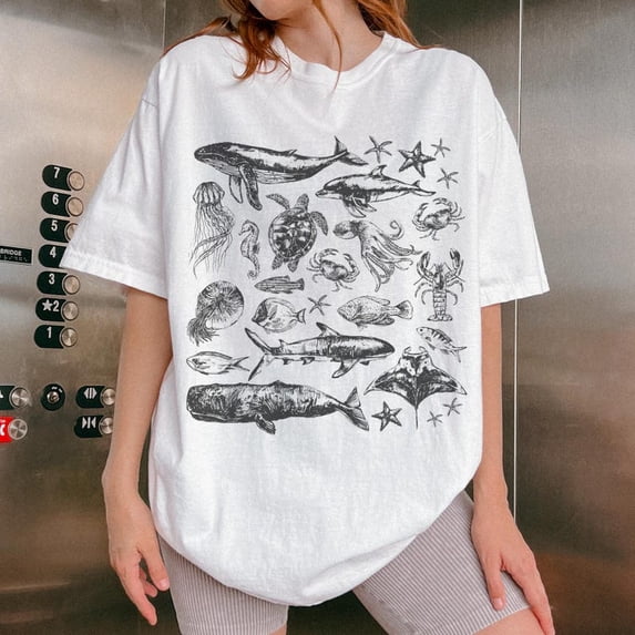 Blue Whale Ocean Animals Doodle Shirt, Vintage Sea Creatures Tee, Whale ...