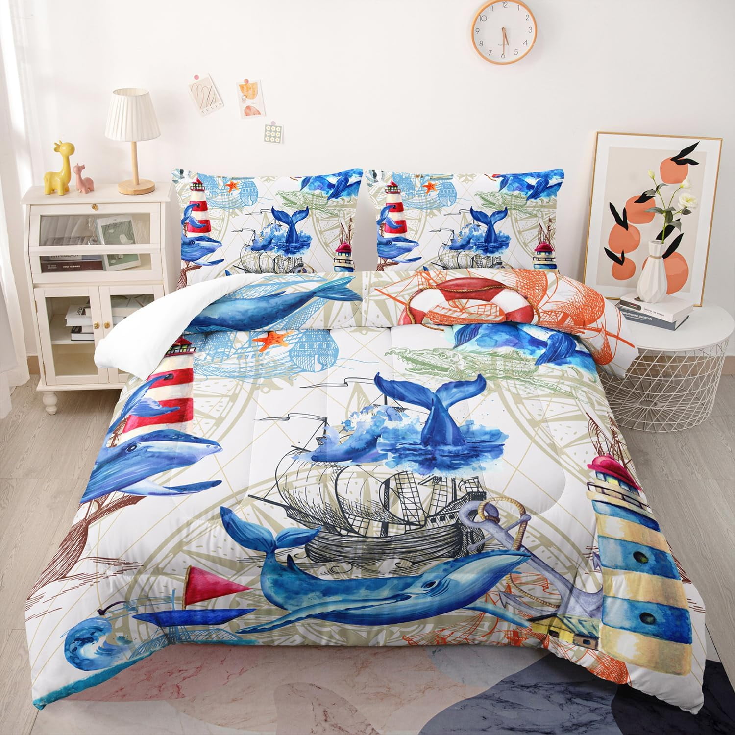 Blue Whale Ocean Lighthouse Comforter Set Full, Nautical Whale 3 Pieces ...