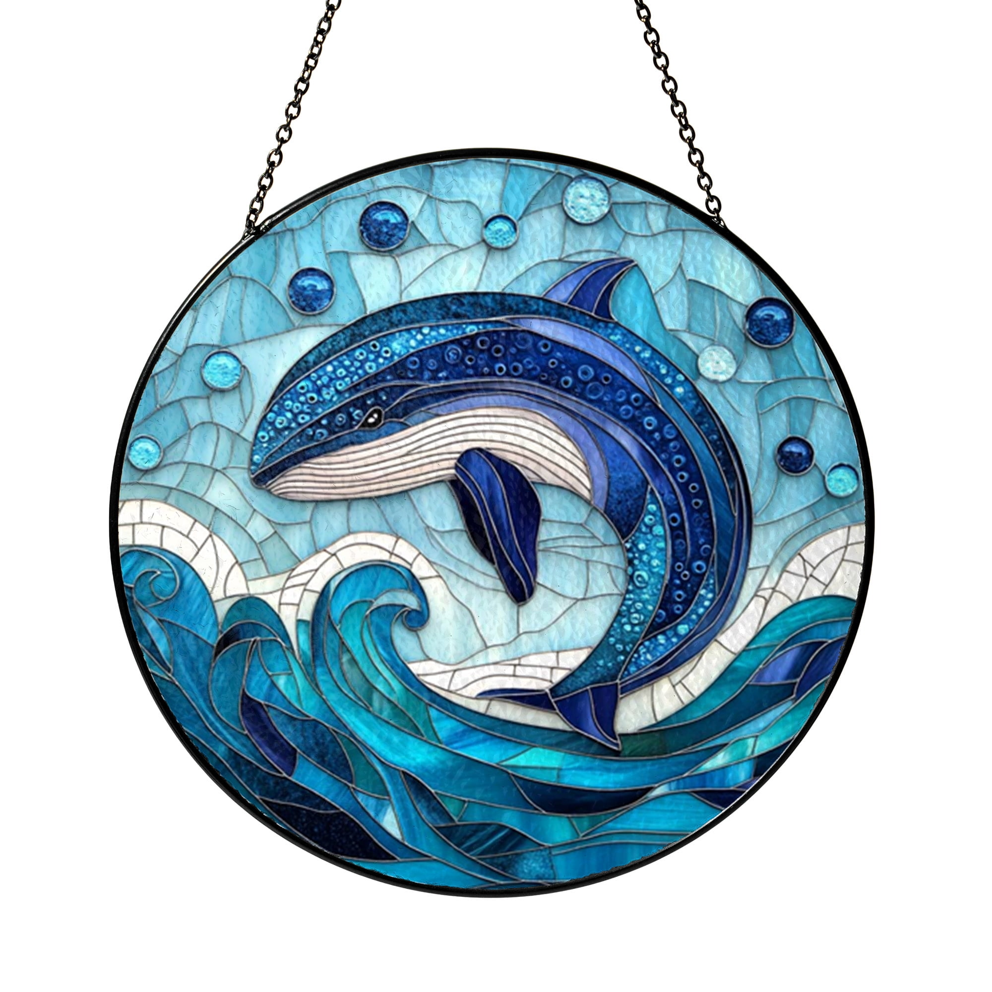 Blue Whale Ocean Wave Stained Glass Style Suncatcher Window Hanging ...