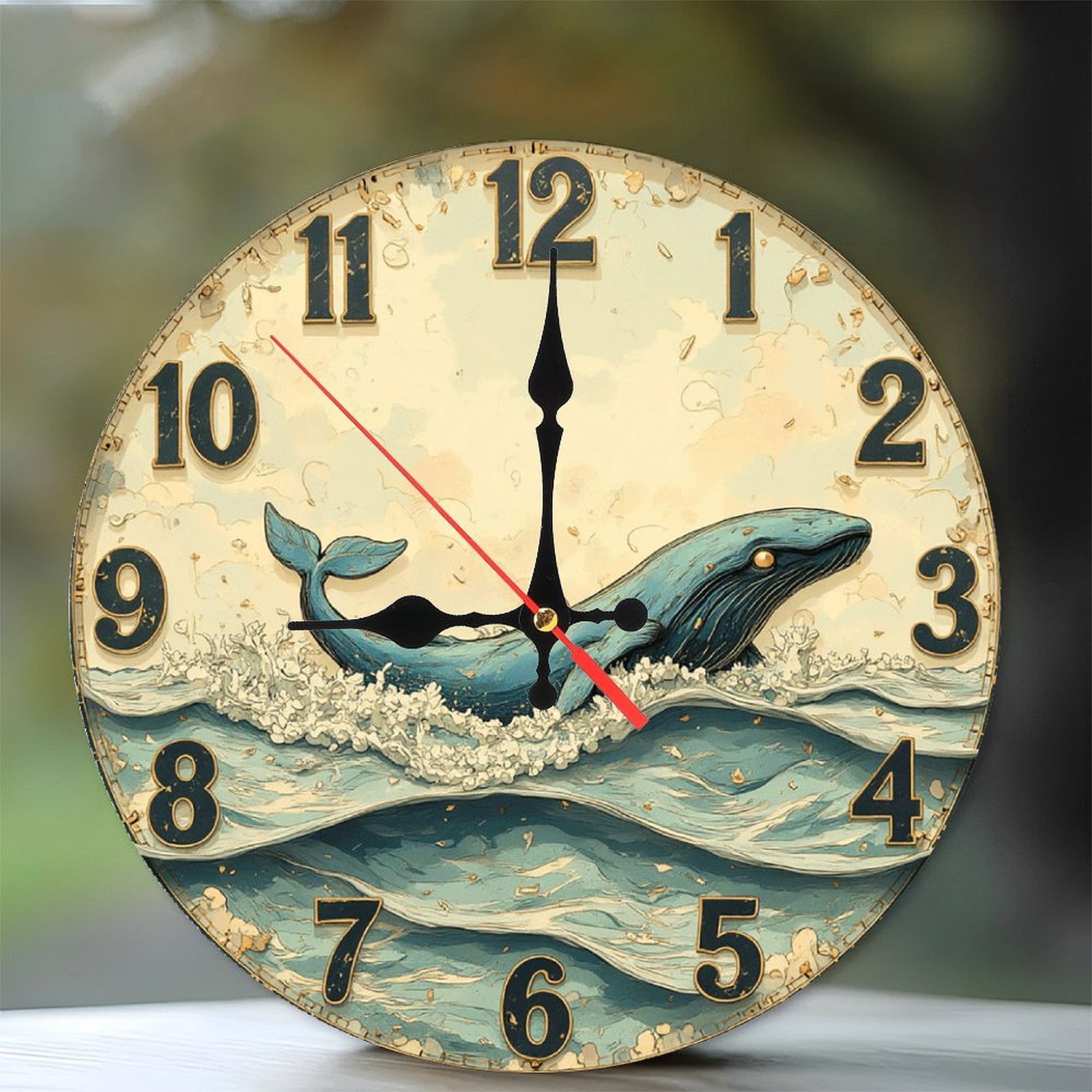 Blue Whale Ocean Wave Wall Clock Home Decor 10-Inch Silent Wooden Wall ...