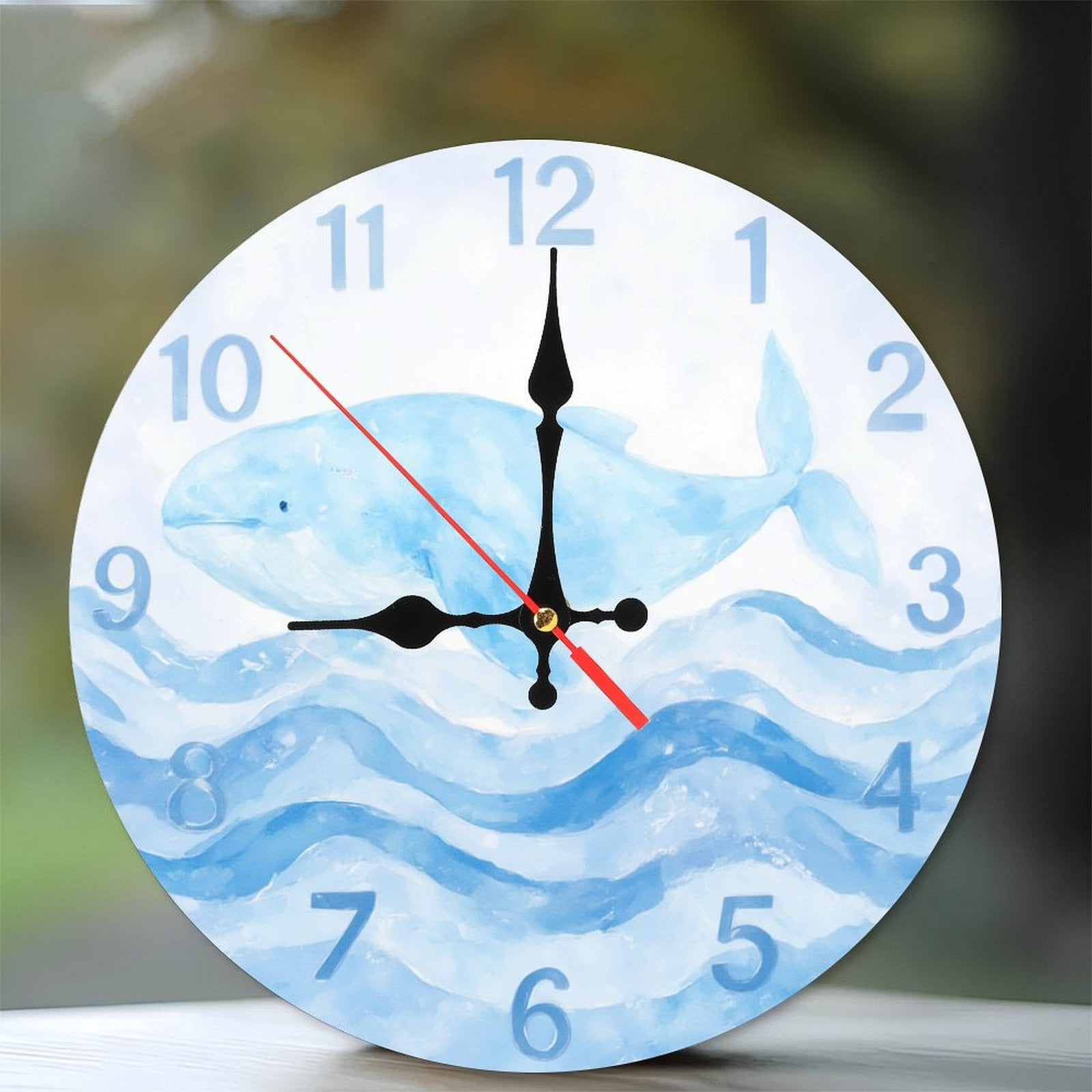 Blue Whale Ocean Wave Watercolor Wall Clock 10-Inch Silent Wooden Wall ...