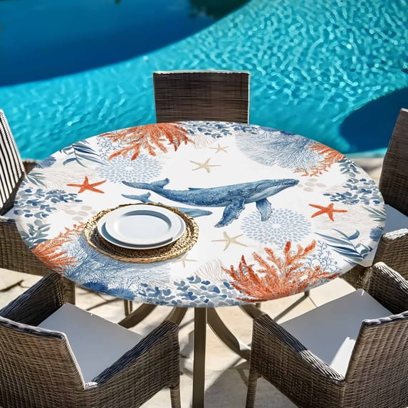 Blue Whale Orange Coral Starfish Round Fitted Tablecloth with Elastic ...