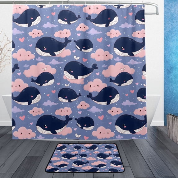 Blue Whale Pattern Bathroom Accessory Sets Waterproof Shower Curtain ...