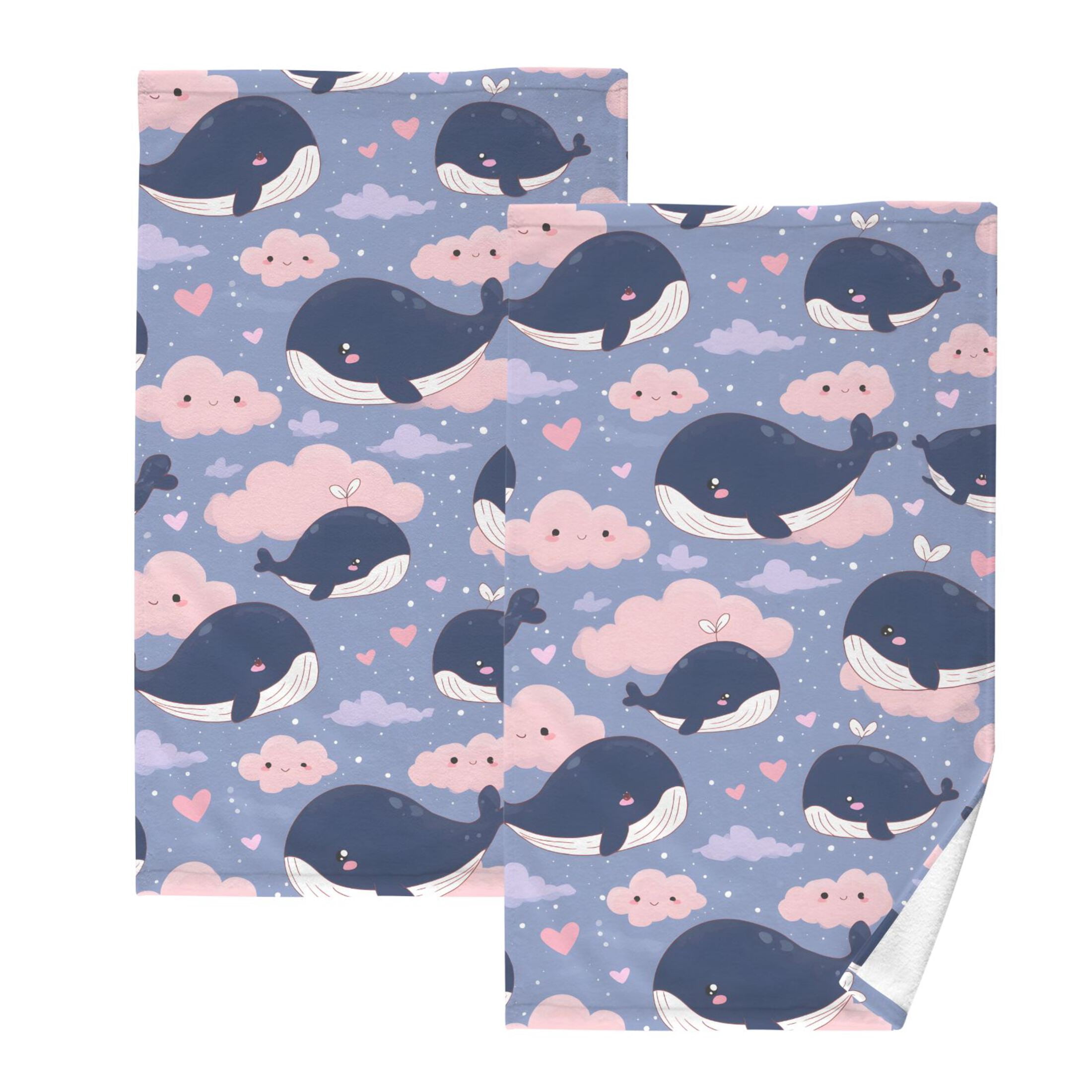 Blue Whale Pattern Cotton Towel Set Face Hand Towels 2 Pack Soft ...