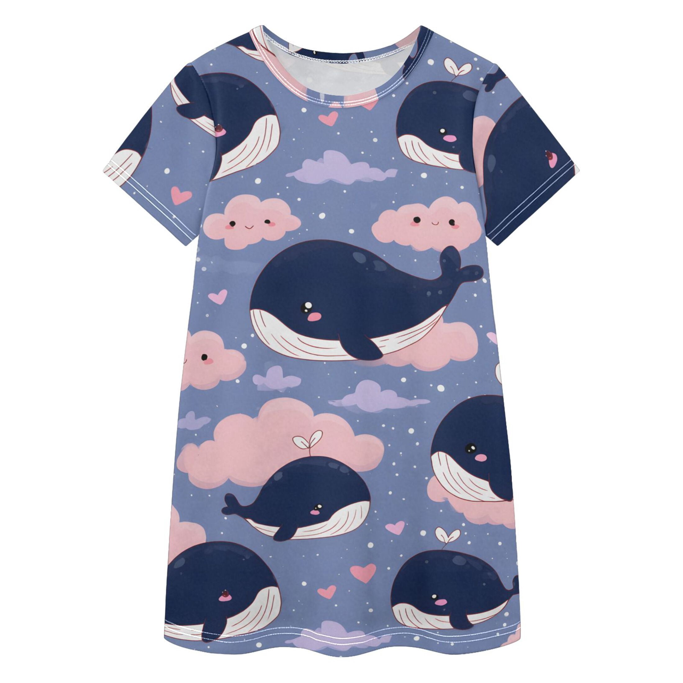 Blue Whale Pattern Girls' Casual Dresses Short Sleeve Cotton Dress for ...
