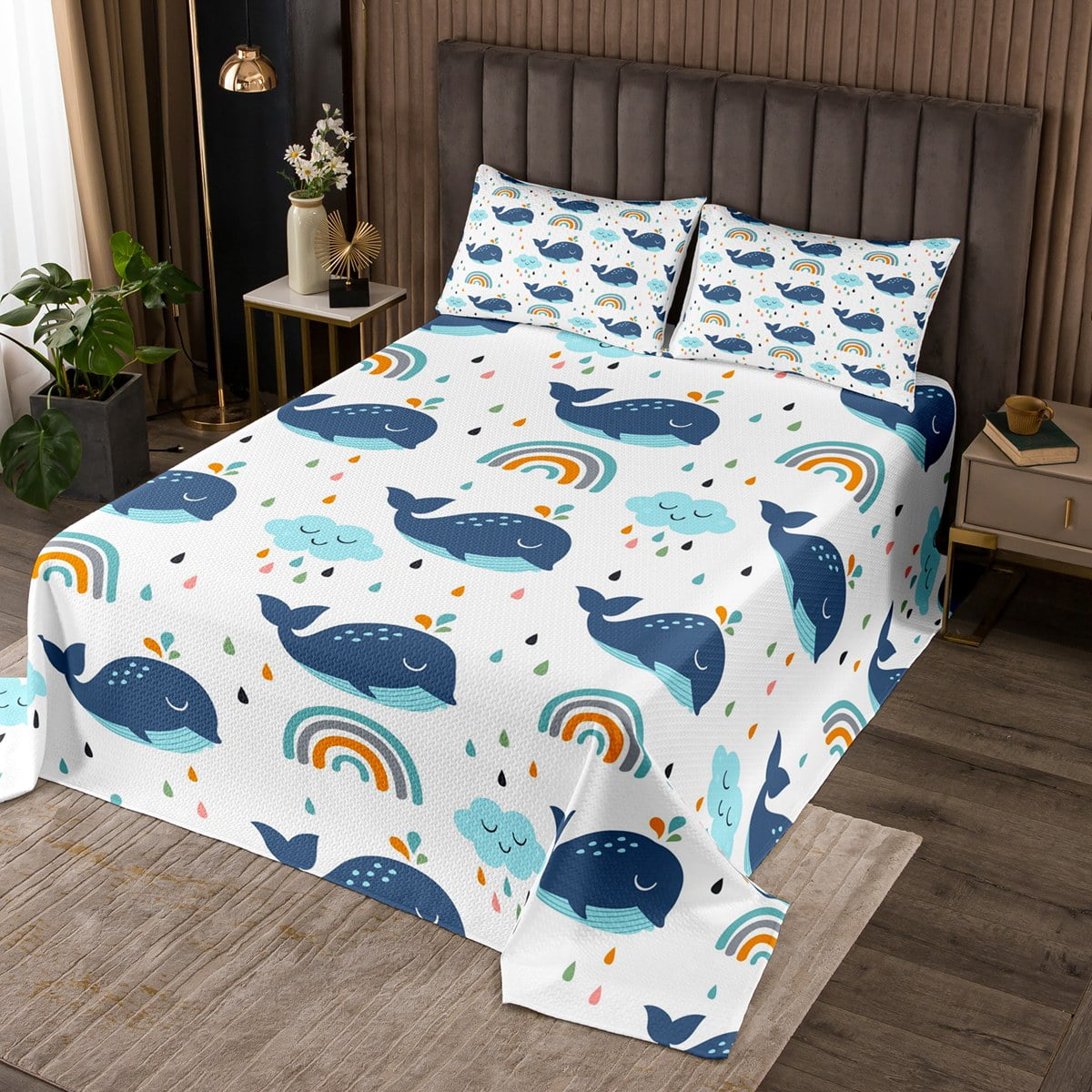 Blue Whale Quilt Set Cute Clouds Rainbow Queen Bedspread Set for Girls ...