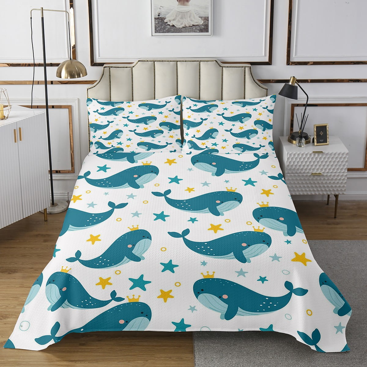Blue Whale Quilt Set King Cute Sea Animal Bedspread Ocean Themed Bed ...