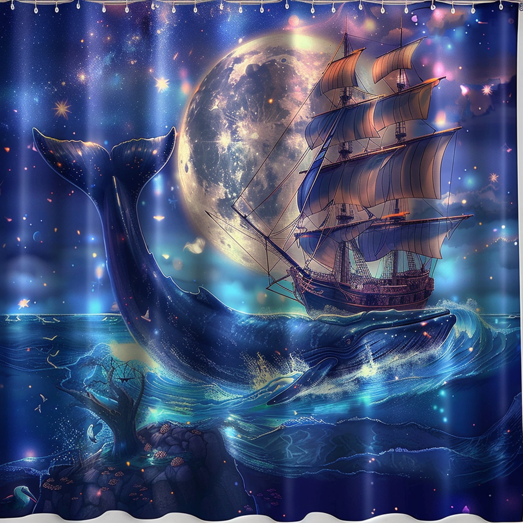 Blue Whale & Sailing Ship Shower Curtain Magical Ocean Scene with Stars ...
